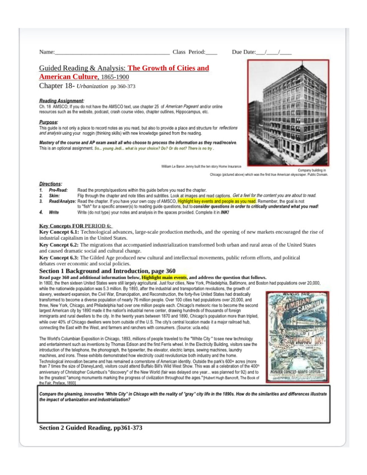 APUSH Ch. 18 Guided Reading: Cities & American Culture Analysis - Studocu