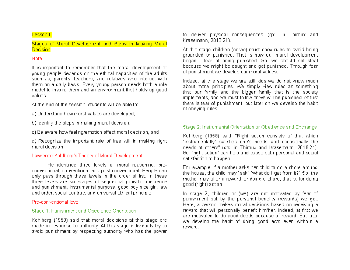 Philo 101 - Lecture on Stages of Moral Development and Decision Making - Studocu