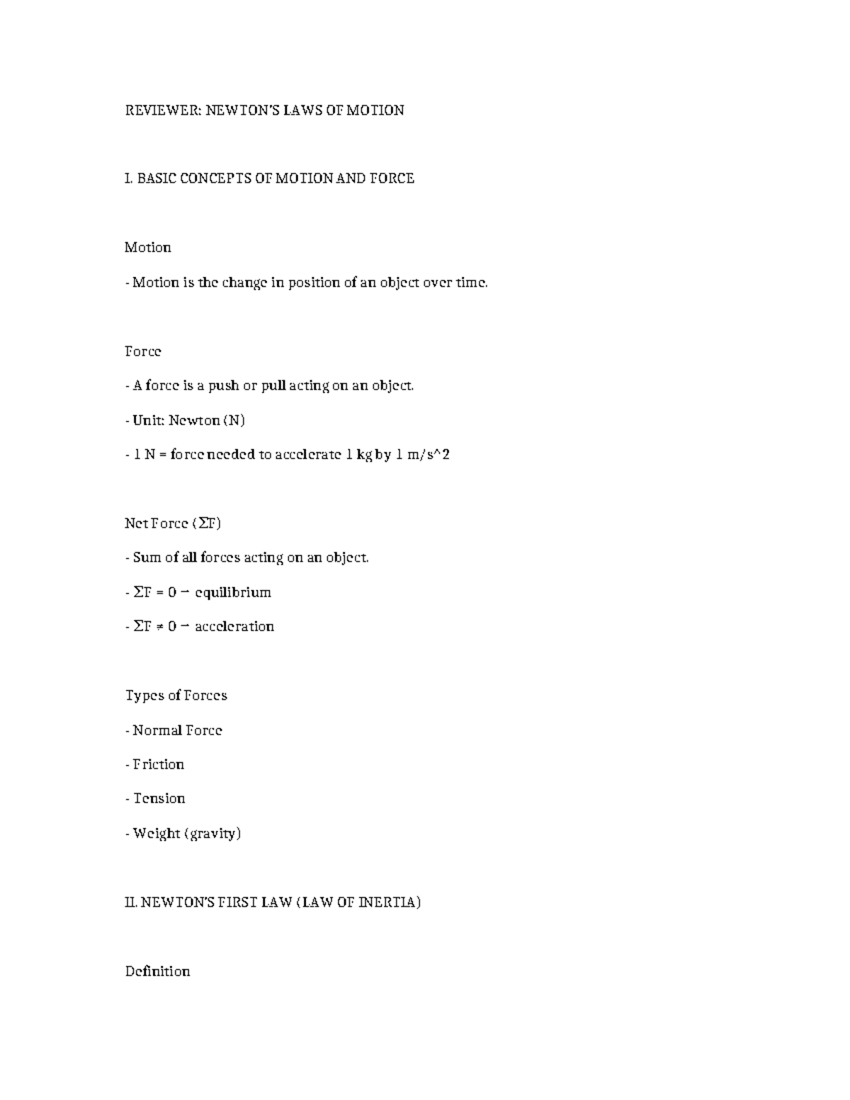 REVIEWER: NEWTON'S LAWS OF MOTION (PHYS 101) - Studocu