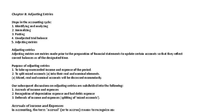 Chapter 8: Adjusting Entries in the Accounting Cycle (ACC 101) - Studocu