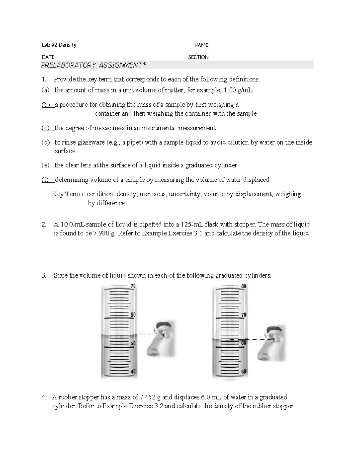 Lab 2: Density Calculations and Assignments - CHEM 101 Lab - Studocu