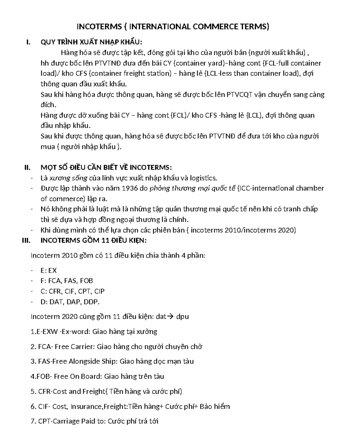 Incoterms - INCOTERMS ( INTERNATIONAL COMMERCE TERMS) I. QUY TRÌNH XUẤT ...