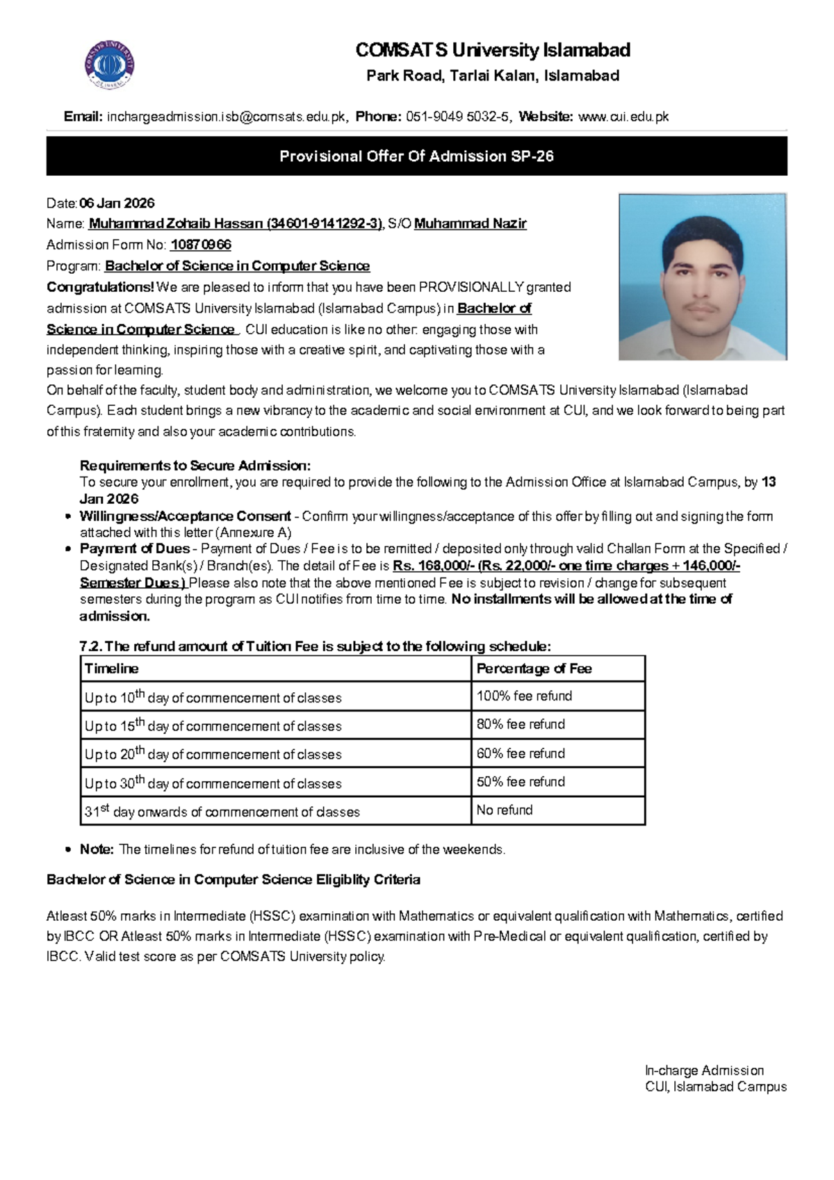 Provisional Admission Offer - BSc in Computer Science (CUI) - Studocu