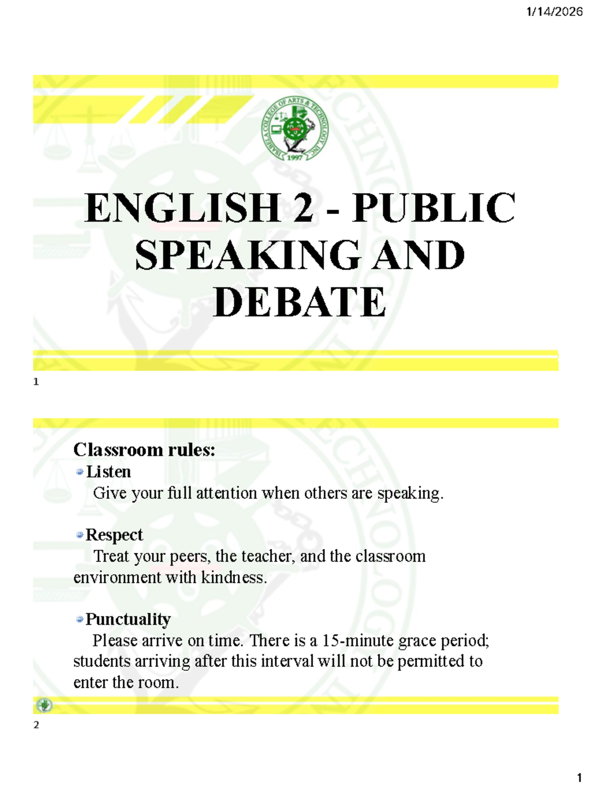 ENGLISH 2: PUBLIC SPEAKING & DEBATE 1 - Lesson 1 Overview - Studocu
