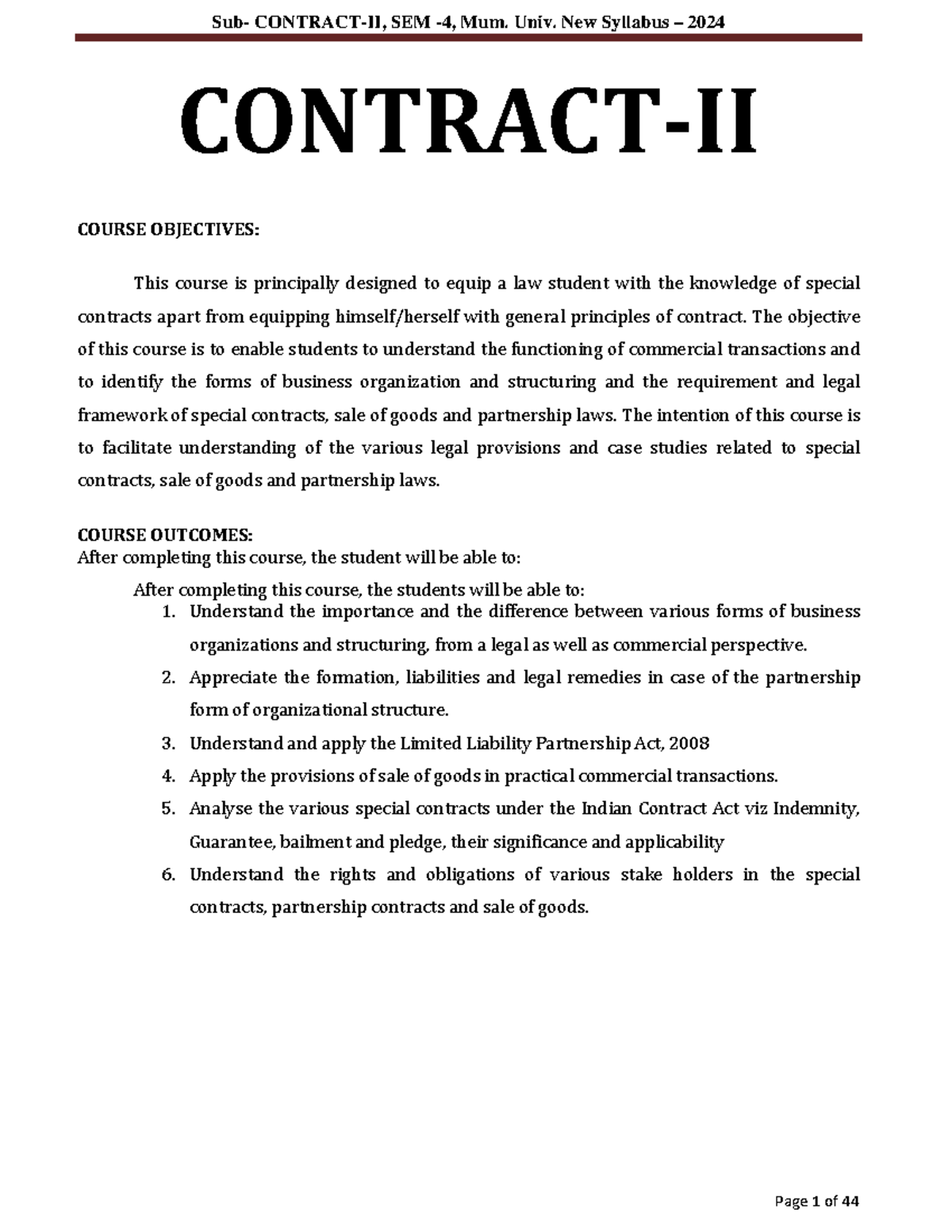 Contract II: Special Contracts and Partnership Laws - SEM Mum. Univ ...
