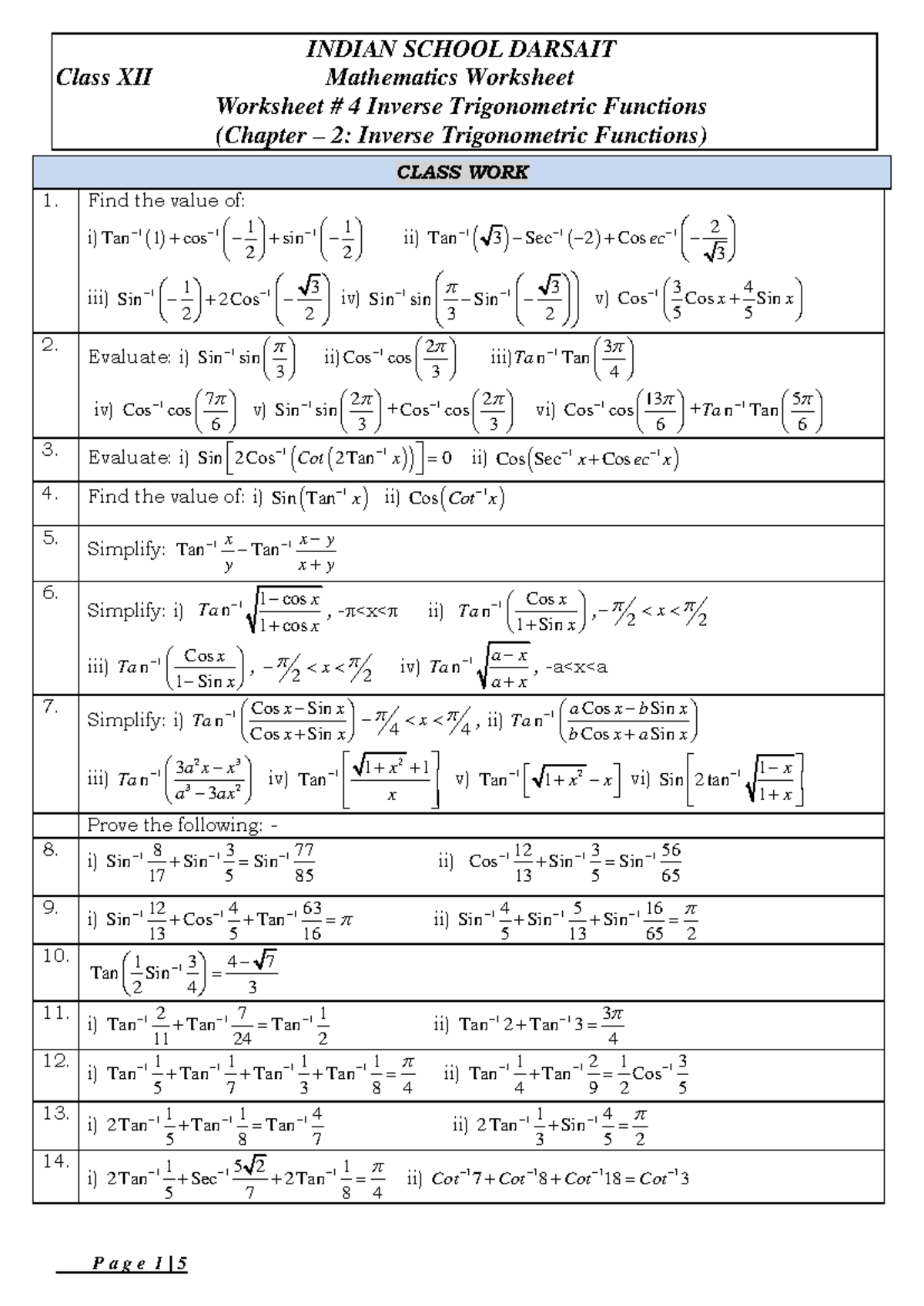 Final Exam Class XII Mathematics Worksheet # 4: Inverse Trigo Functions ...