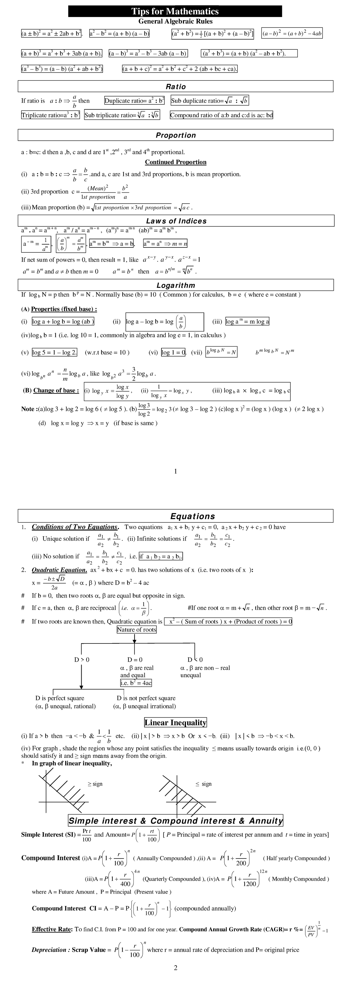 Formulas foundation - Notes - ####### 1 Tips for Mathematics ...