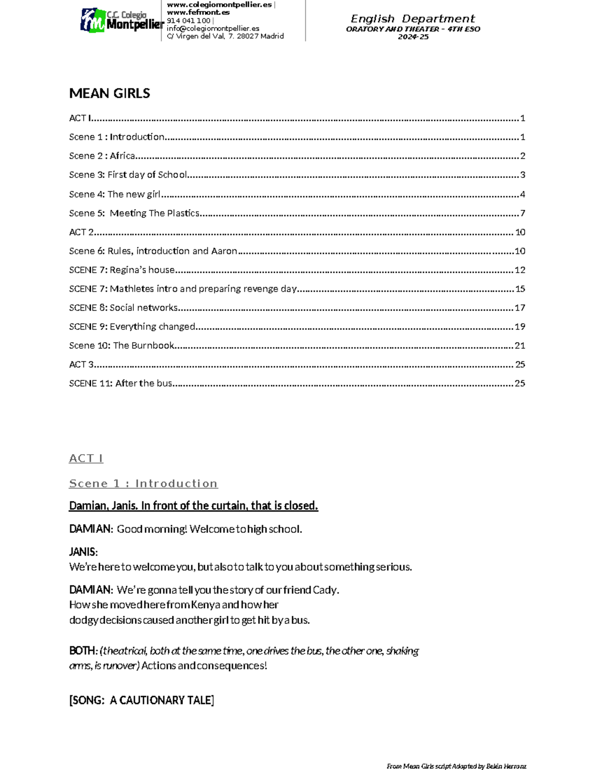 Mean Girls Script Adaptation - Oratory and Theater 4th ESO (914 041 100 ...
