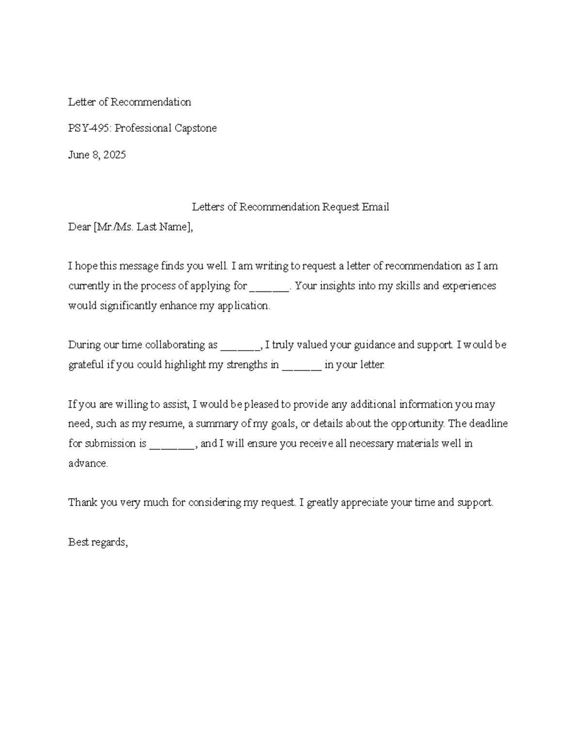 PSY-495 Letter of Recommendation Request for Capstone Project - Studocu