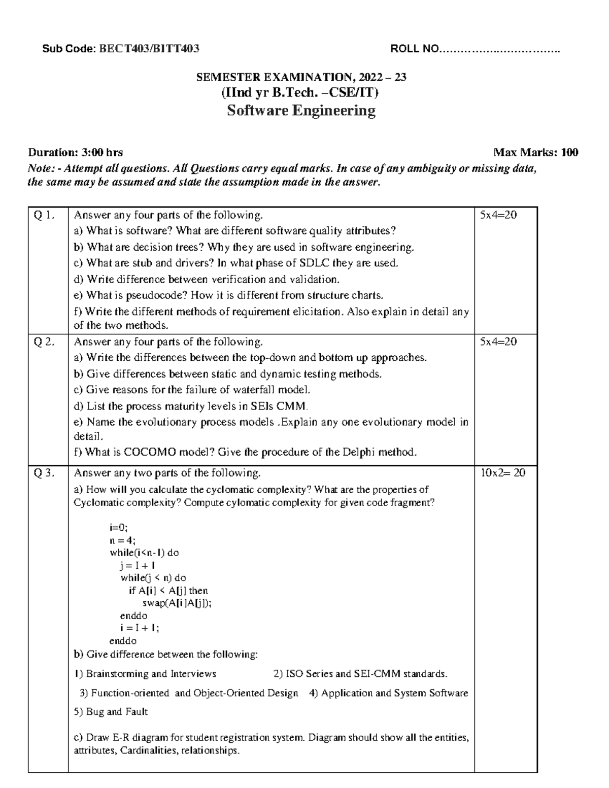 B.Tech Software Engineering SEMESTER EXAMINATION 2022-23 - Studocu