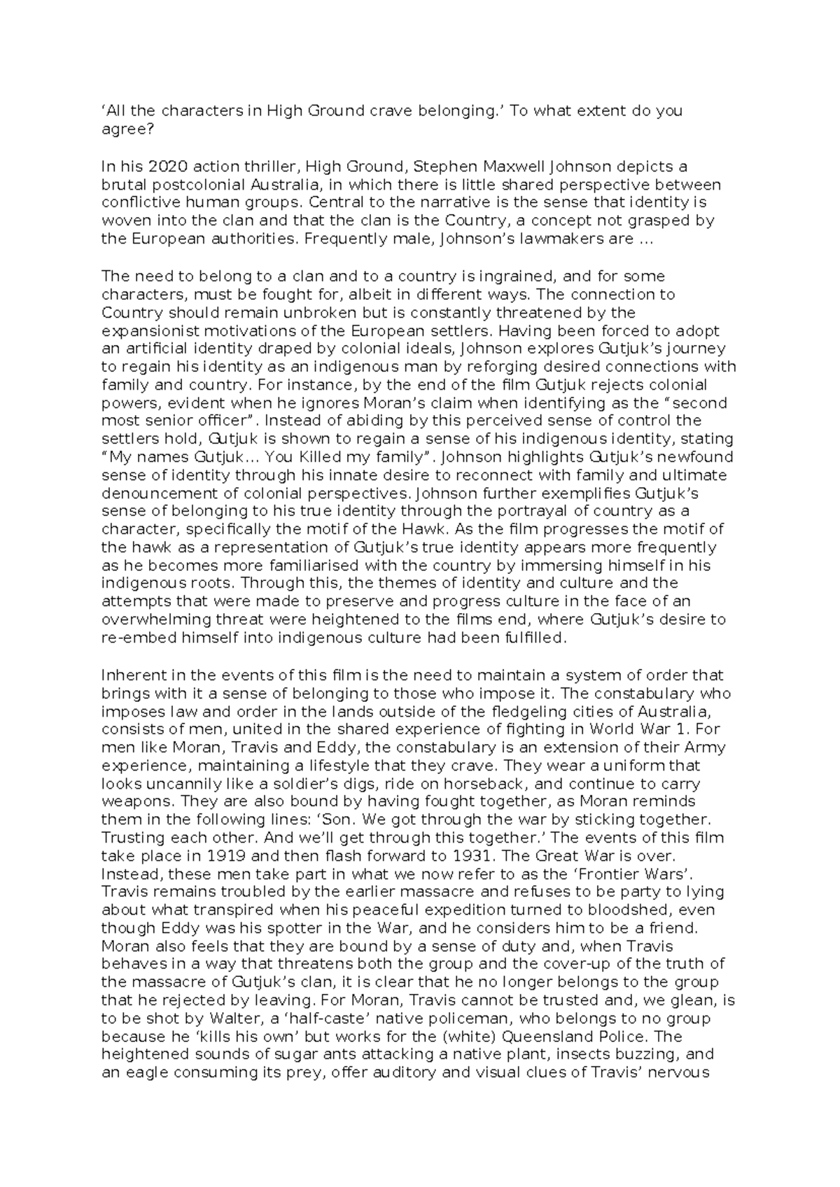 ENG1003 Final Exam Essay: Belonging in "High Ground" by Johnson - Studocu