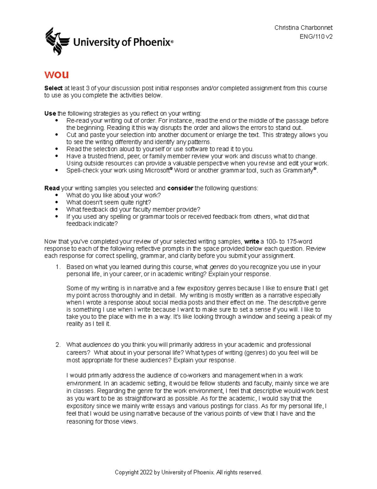 ENG/110 V Week 5 Writing Reflection: Strategies & Insights - Studocu