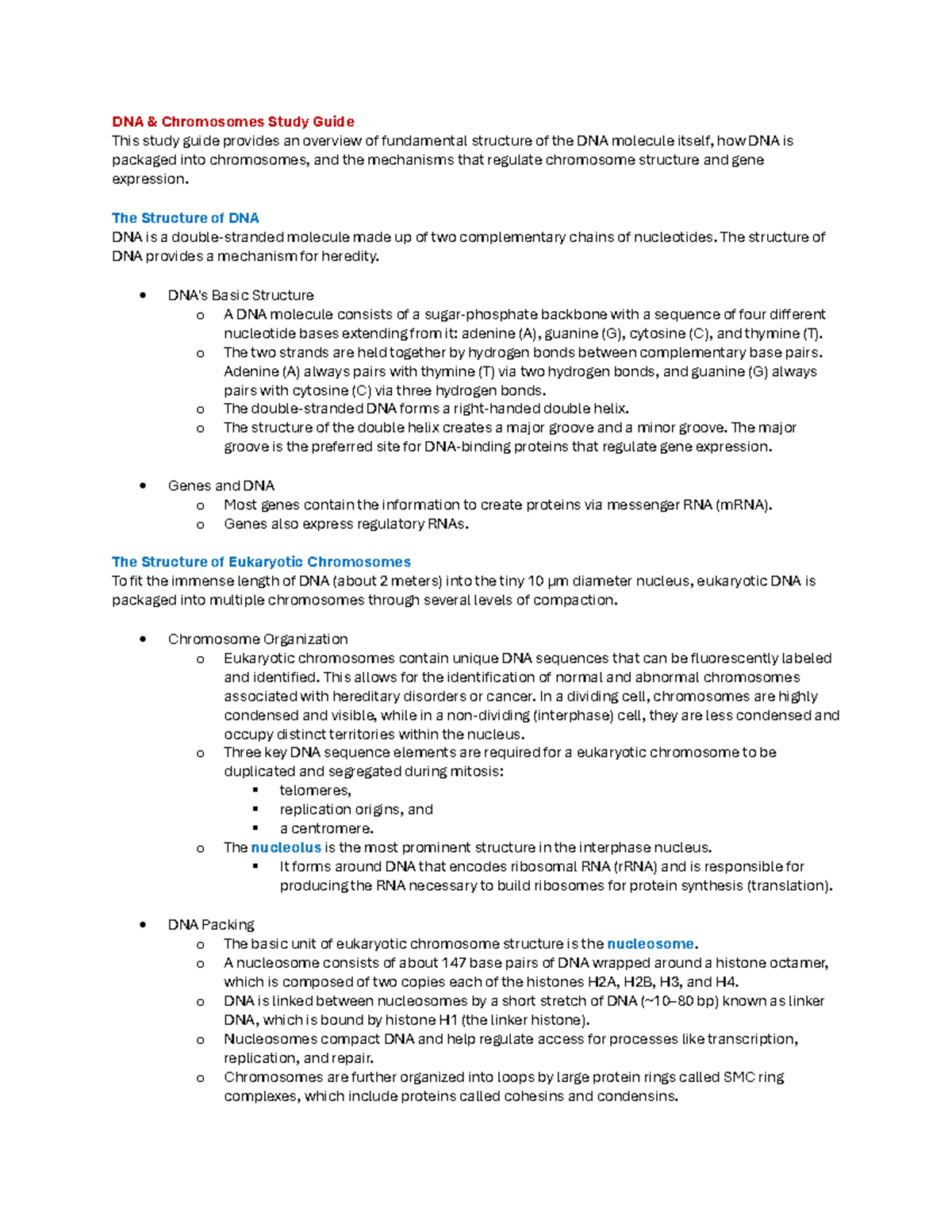 DNA & Chromosomes Study Guide (BIO 101 Final Exam Prep) - Studocu