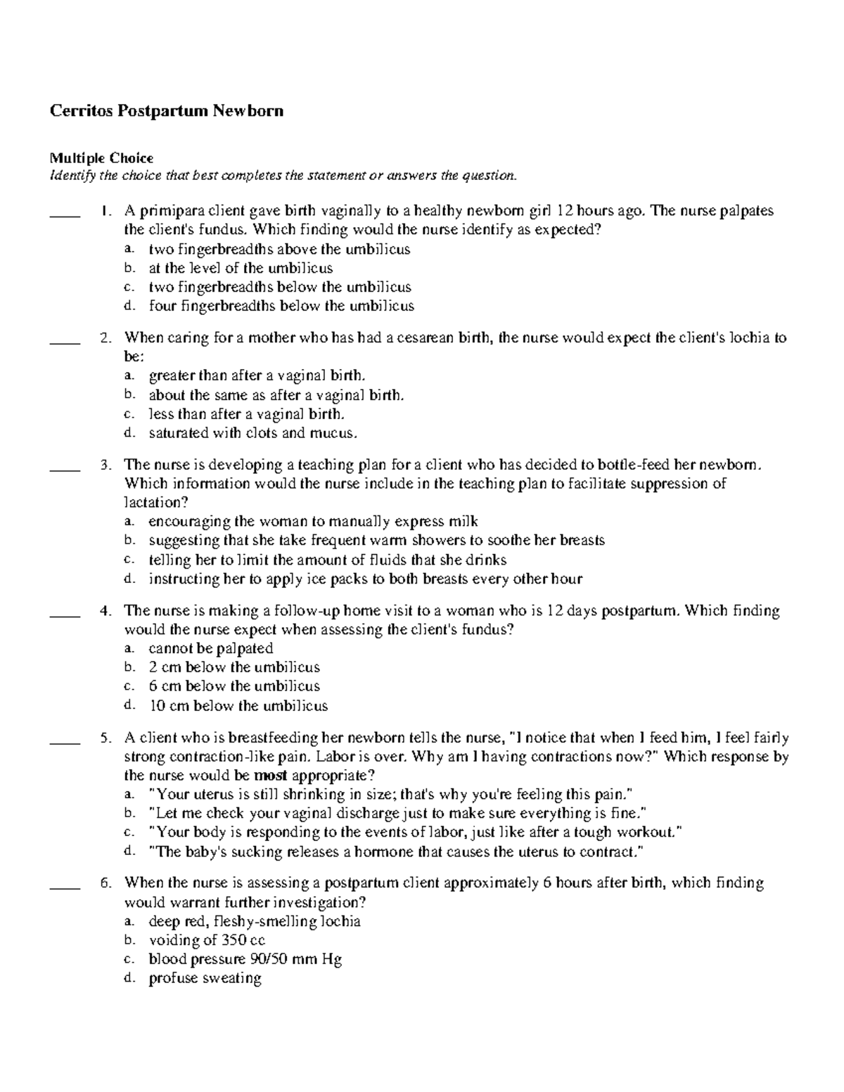 Cerritos NUR 101 Practice Test: Postpartum Newborn MCQs - Studocu