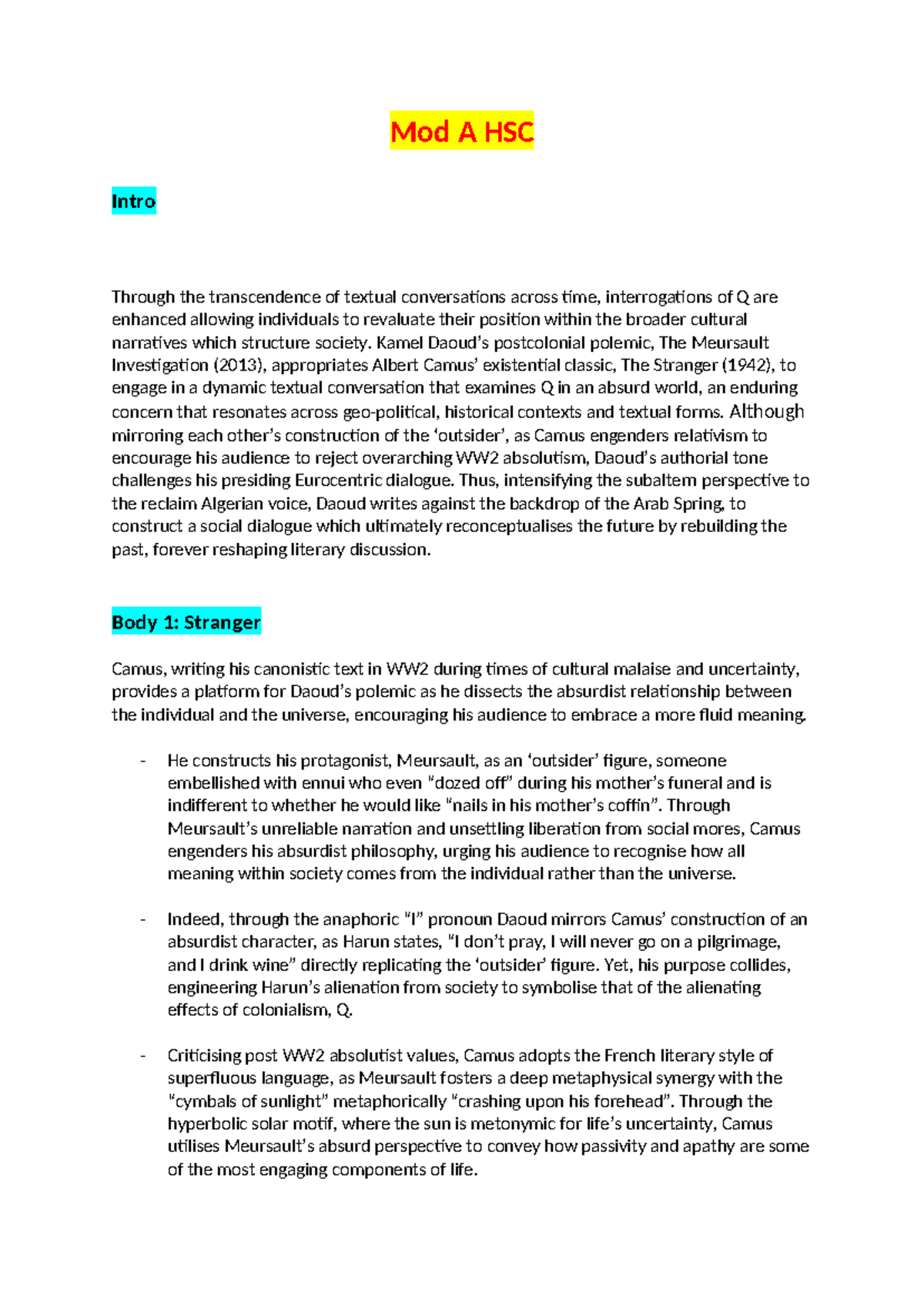 Mod A HSC Essay Notes: Textual Conversations in Daoud & Camus - Studocu