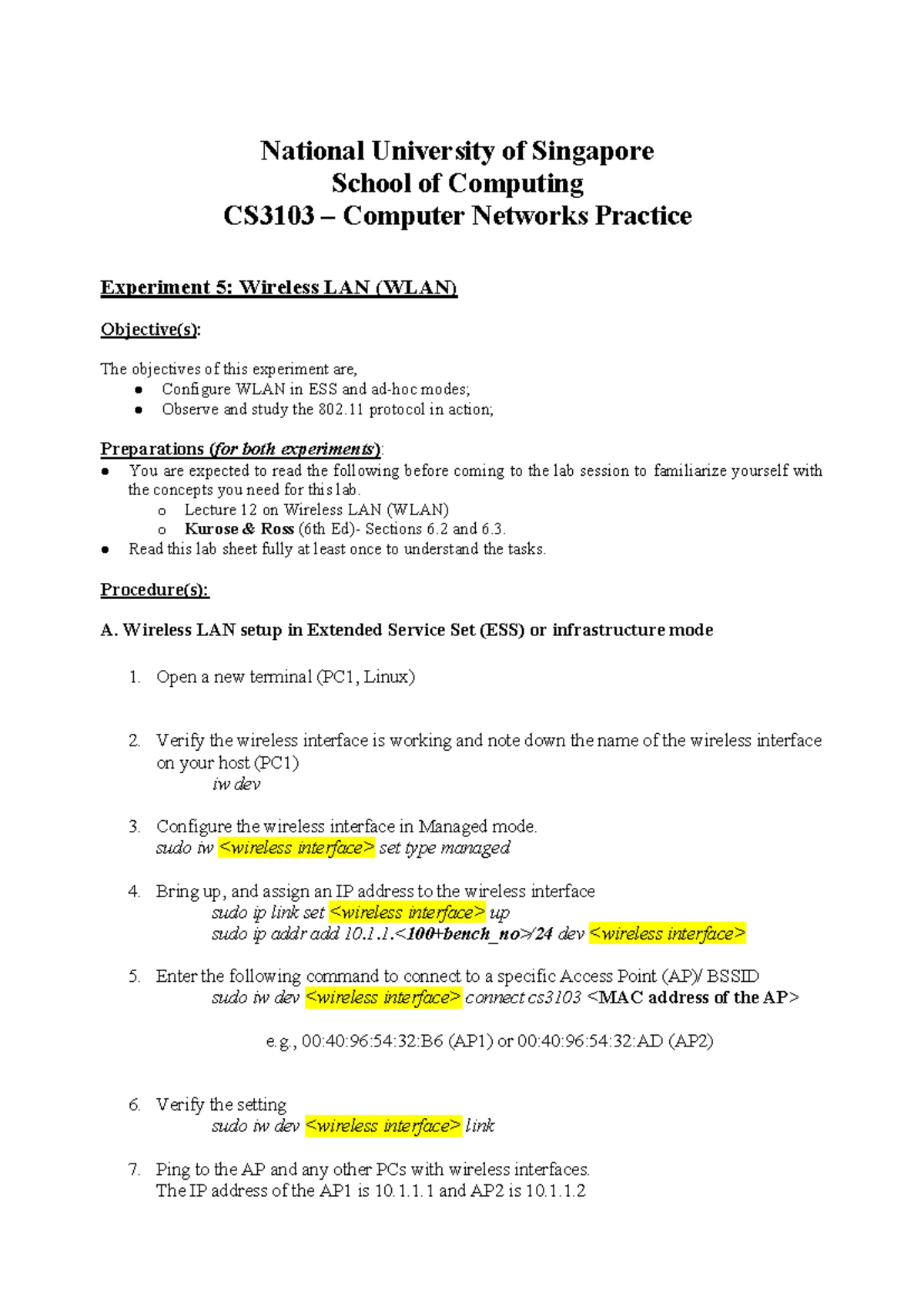 CS3103 Lab 5: WLAN Configuration & 802.11 Protocol Observation - Studocu