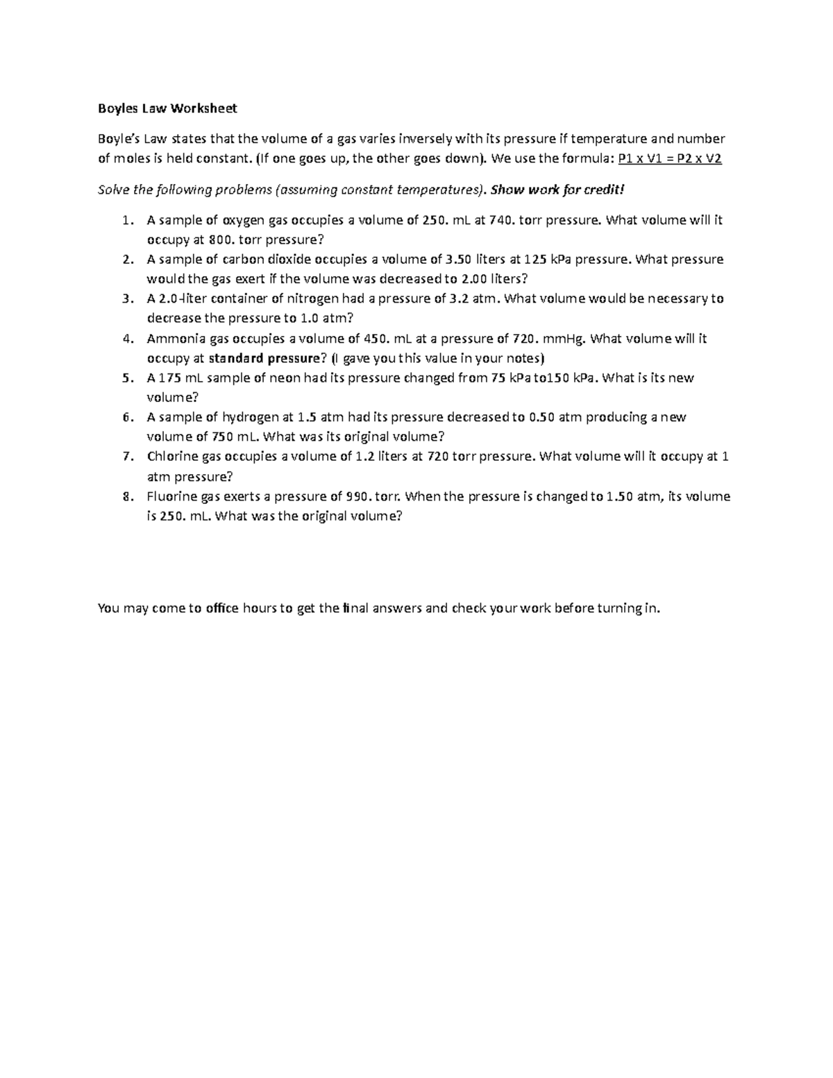 Boyle's Law Worksheet (Chem 101 - Gas Laws Practice) - Studocu