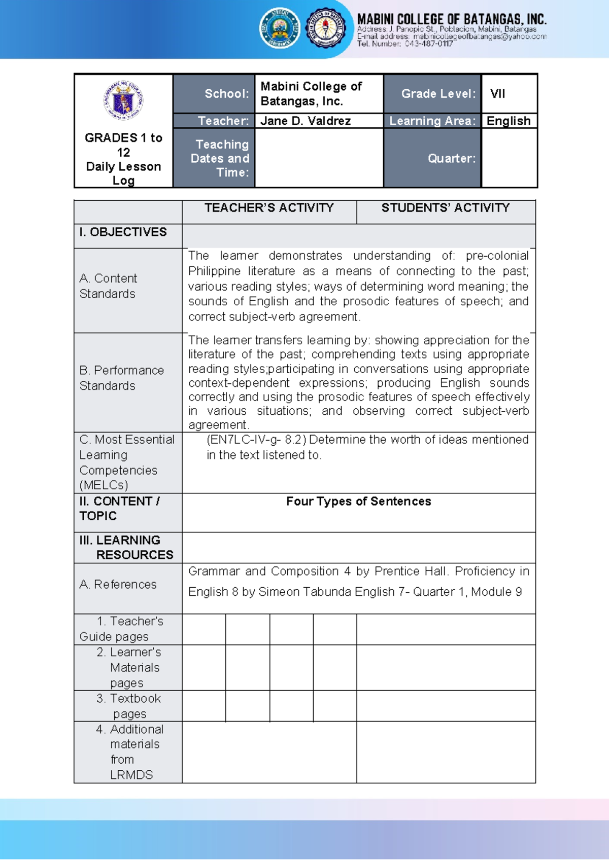 Daily Lesson Log for Grade VII English - Mabini College - Studocu