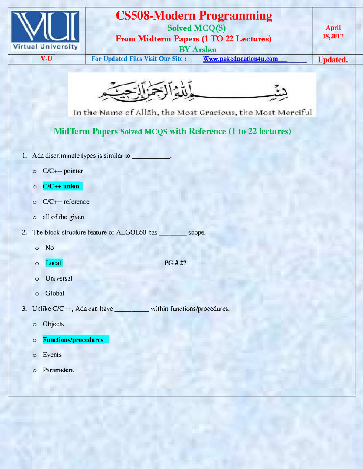 CS508 Mid Term MCQs With Reference Solved By Arslan - CS508-Modern Programming Solved MCQ(S ...
