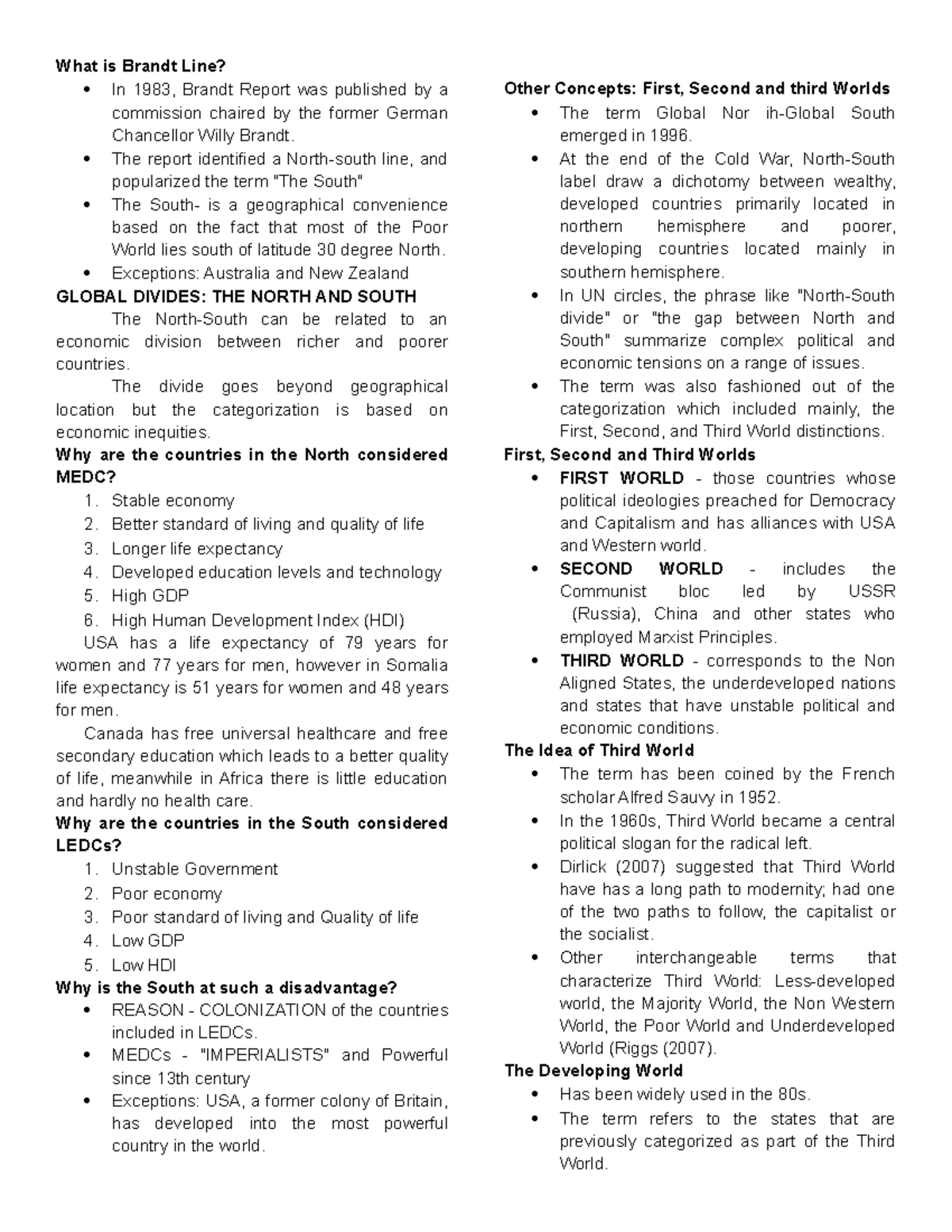 TCW Midterm Review: Understanding the Brandt Line and Global Divides ...