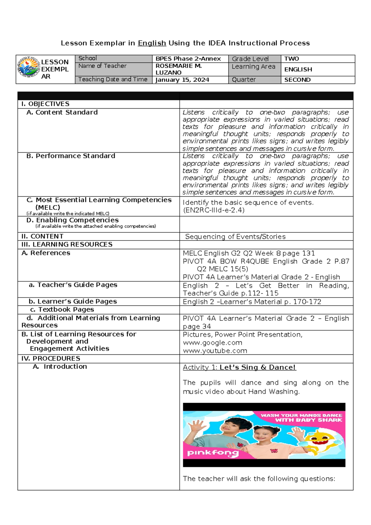 Lesson Exemplar: English 2 Q2 Week 8 - Sequencing Events Activities ...