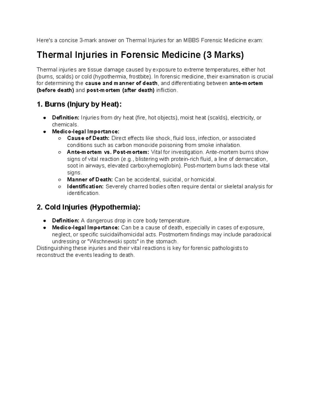 Thermal Injuries in Forensic Medicine: MBBS Exam Notes (3 Marks) - Studocu