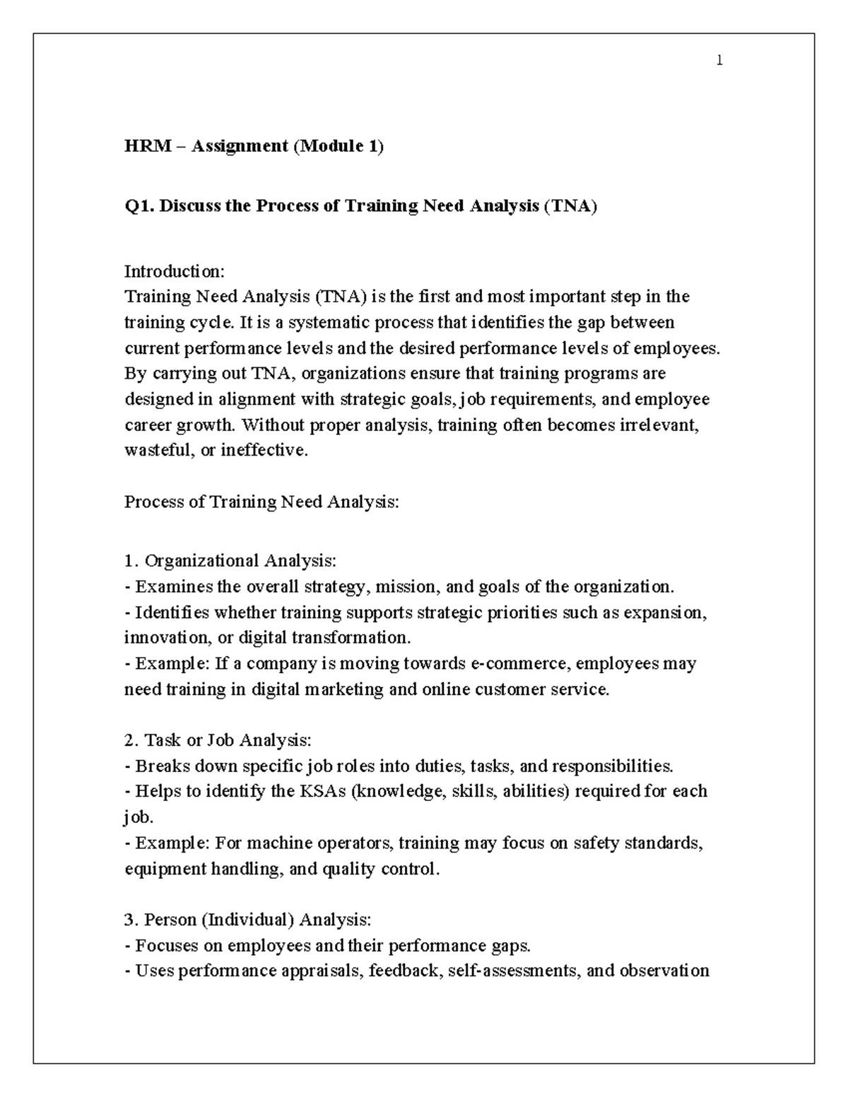 HRM Module 1 Assignment: Training Need Analysis & Assessment Techniques ...