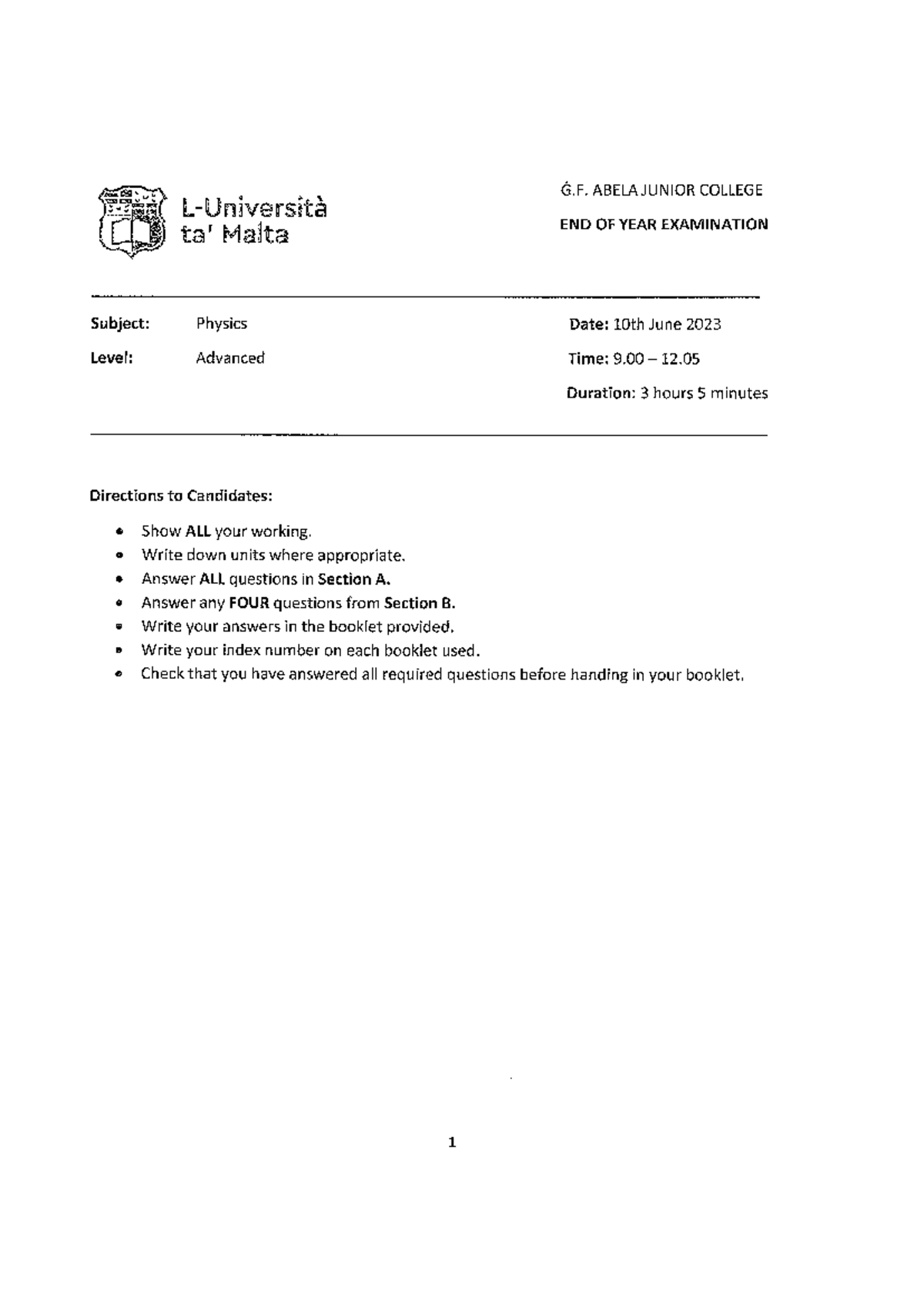 Physics Advanced - End of Year Examination 2023 - Studocu