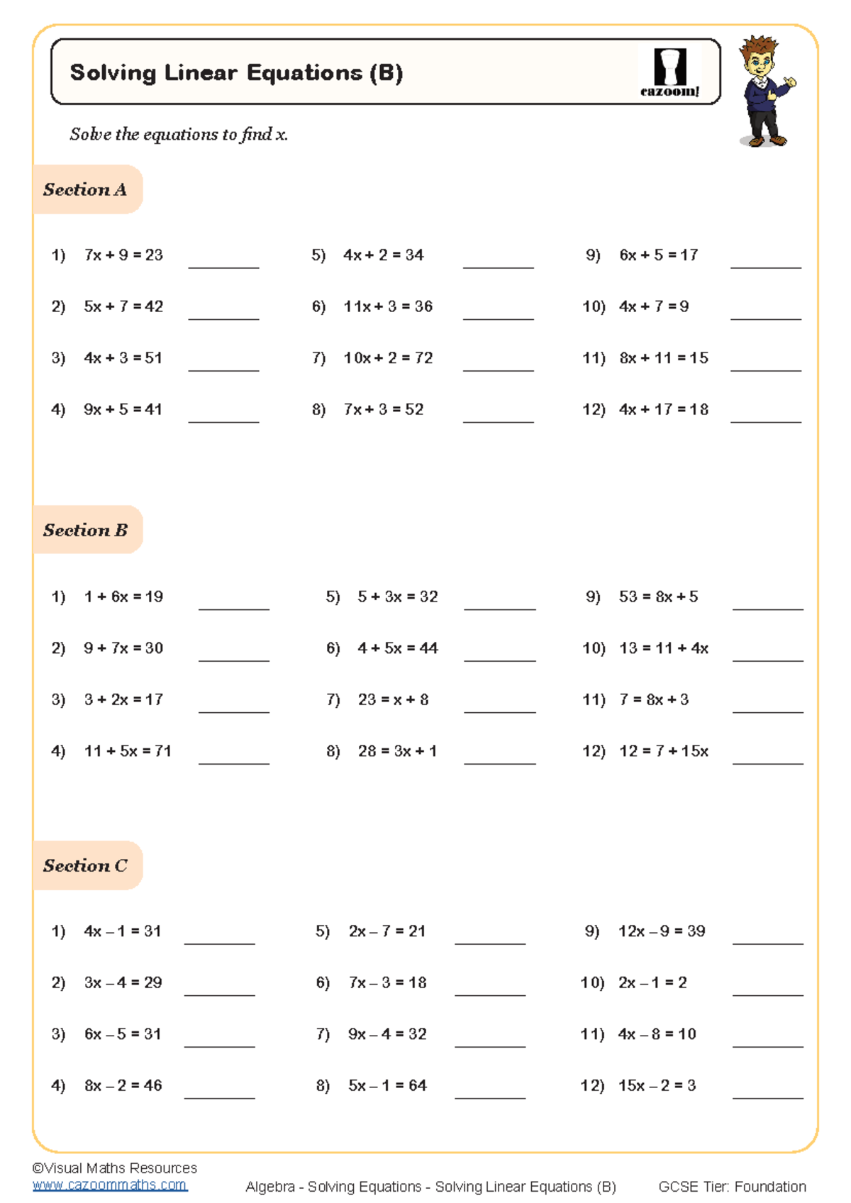 GCSE Maths: Solving Linear Equations (B) - Practice Problems - Studocu