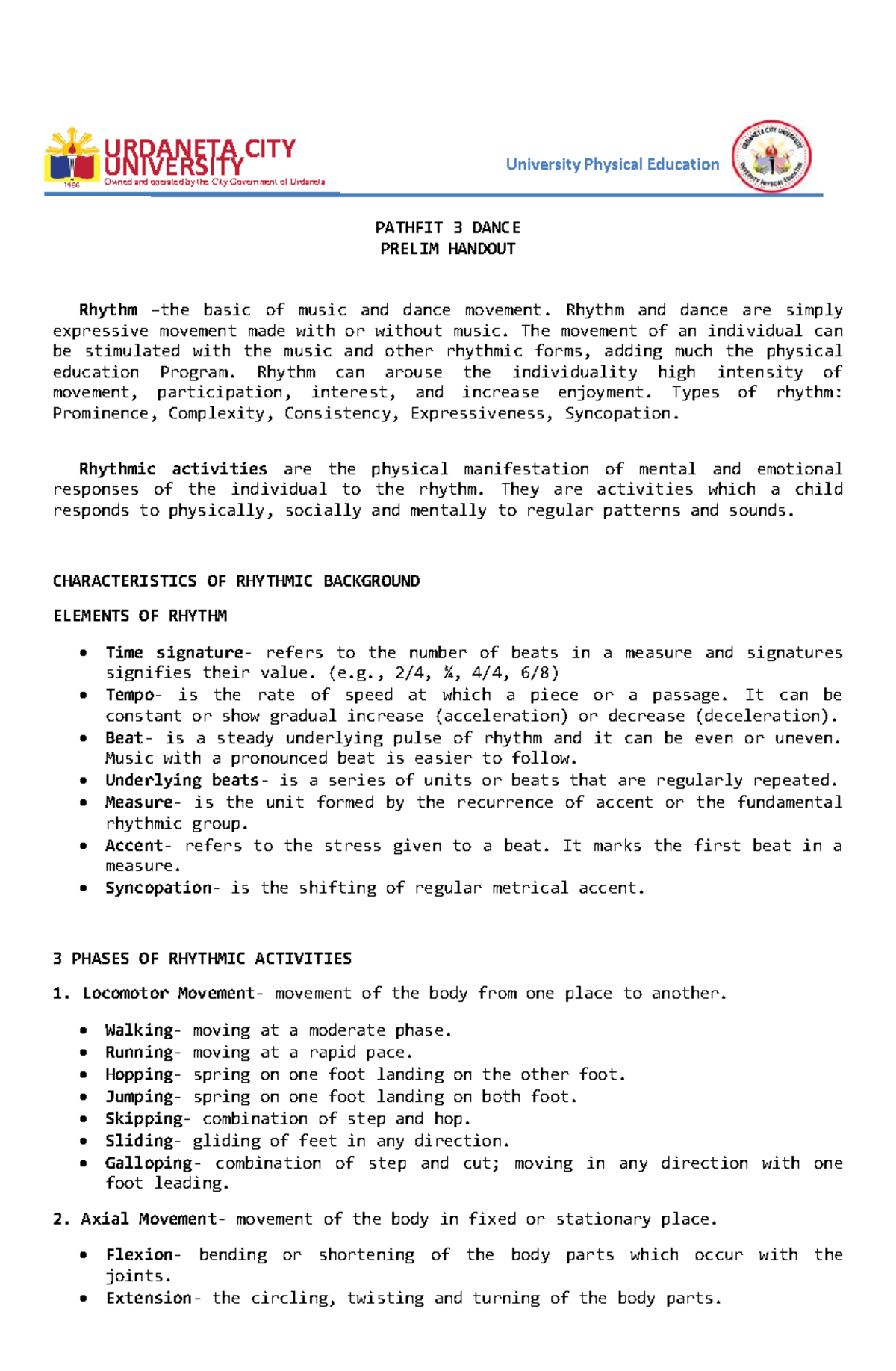PATHFIT 3 DANCE PRELIM HANDOUT: Exploring Rhythm and Movement - Studocu