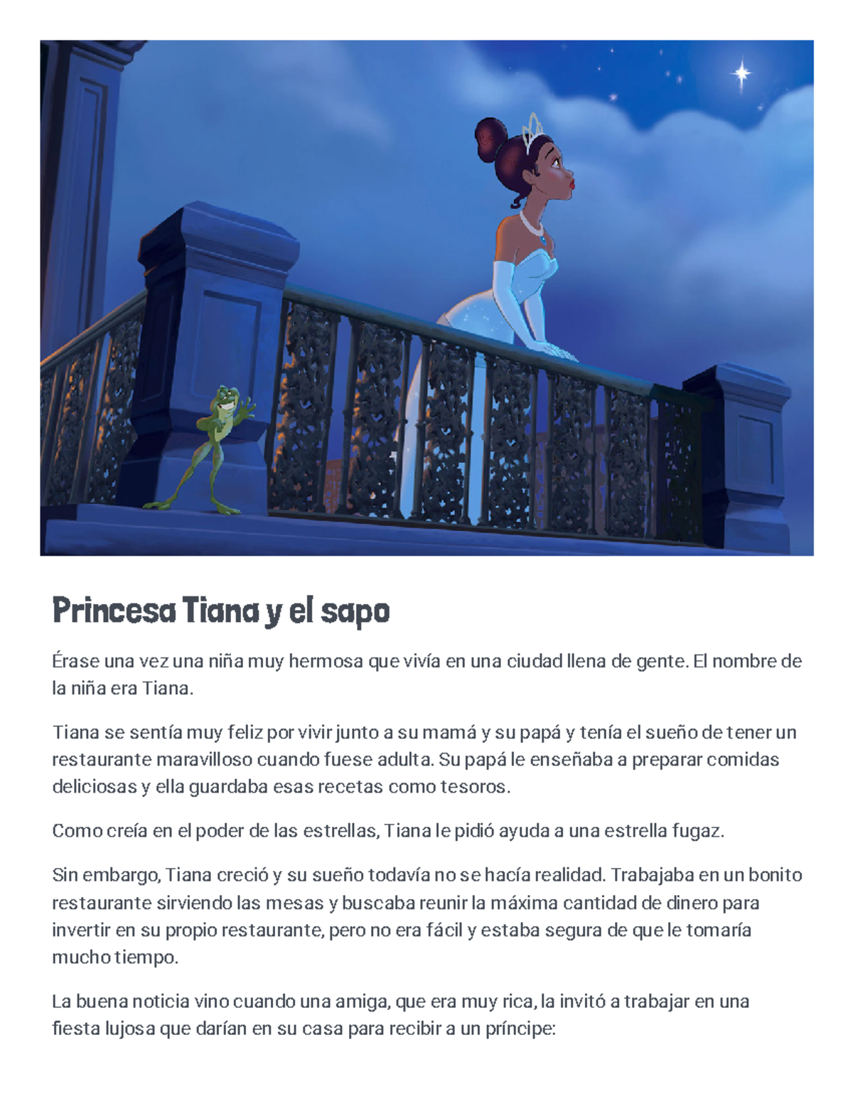 Cuento Lq sobre Tiana y el Príncipe Sapo: Una Moraleja de Amor - Studocu
