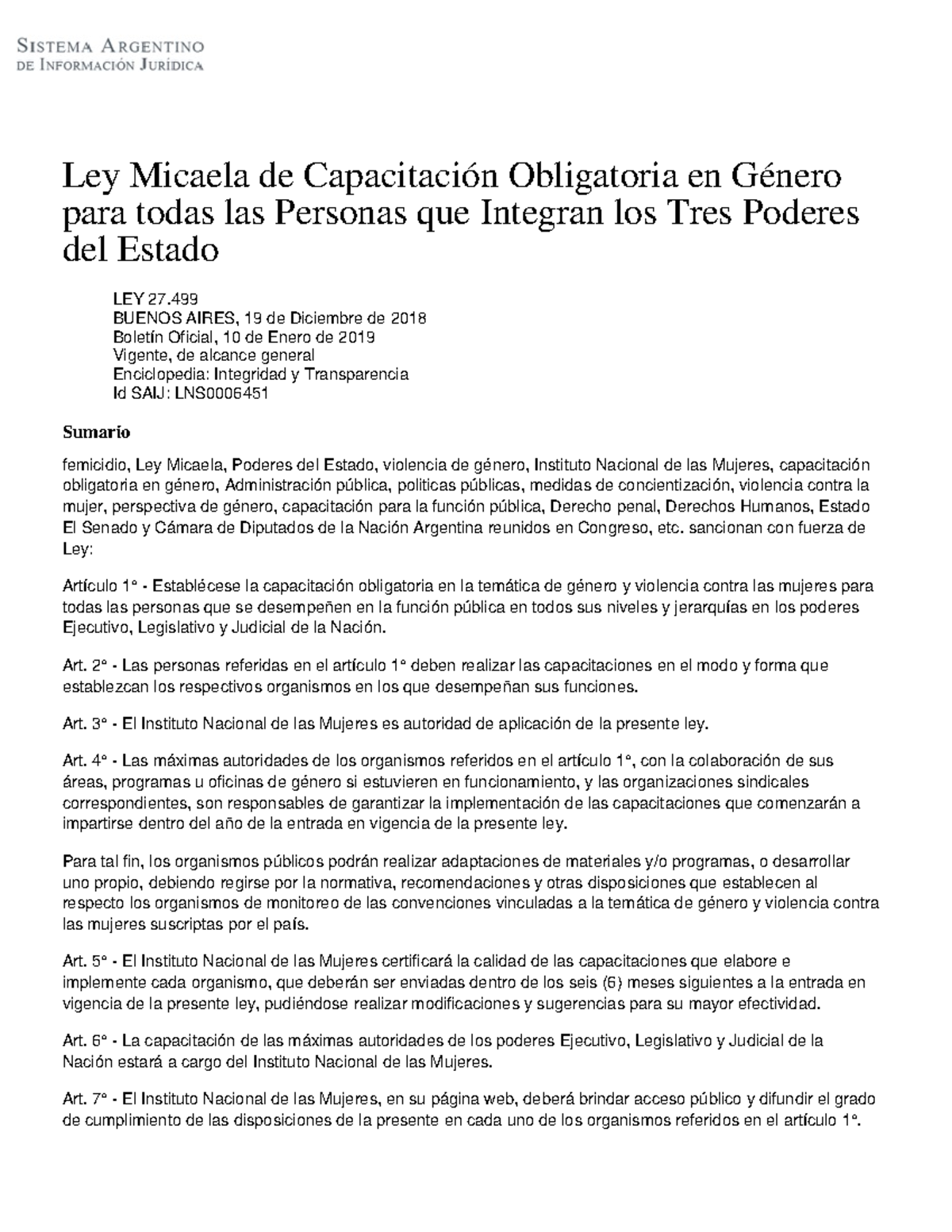 LEY 27.499: Ley Micaela y Capacitación en Género en el Estado - Studocu