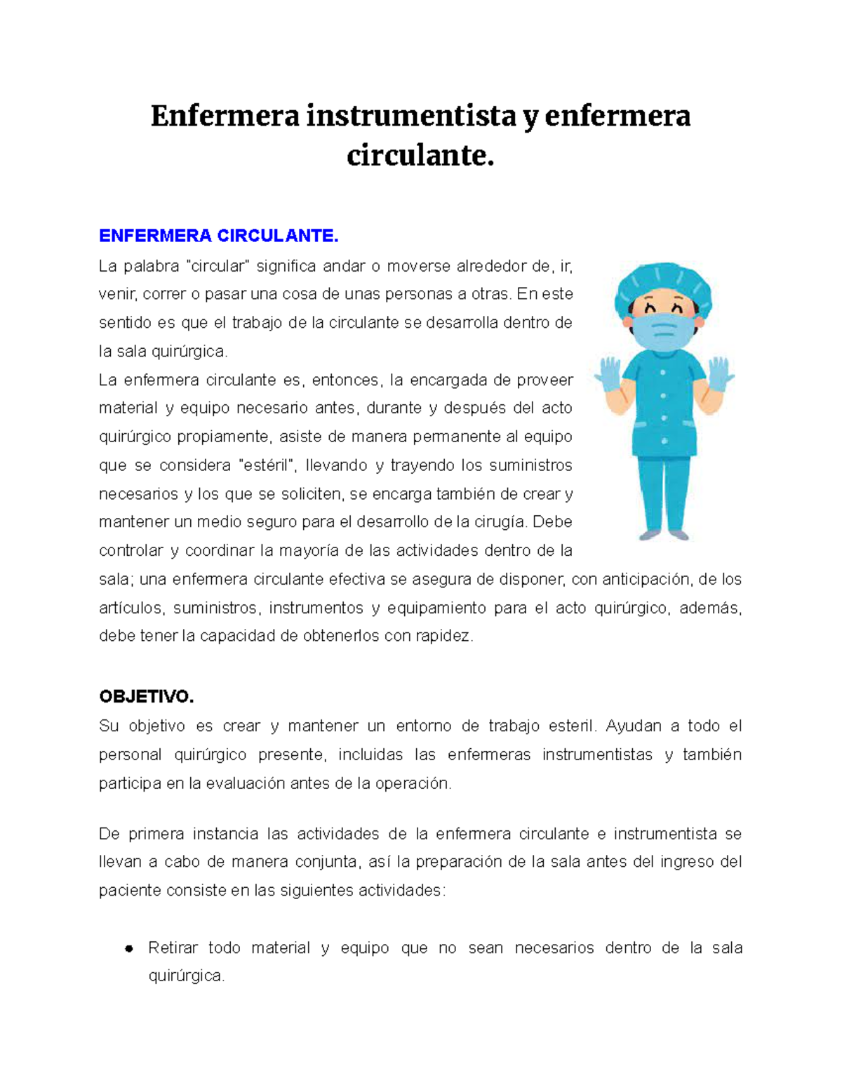 Enfermera Instrumentista y Enfermera Circulante: Funciones y Objetivos - Studocu