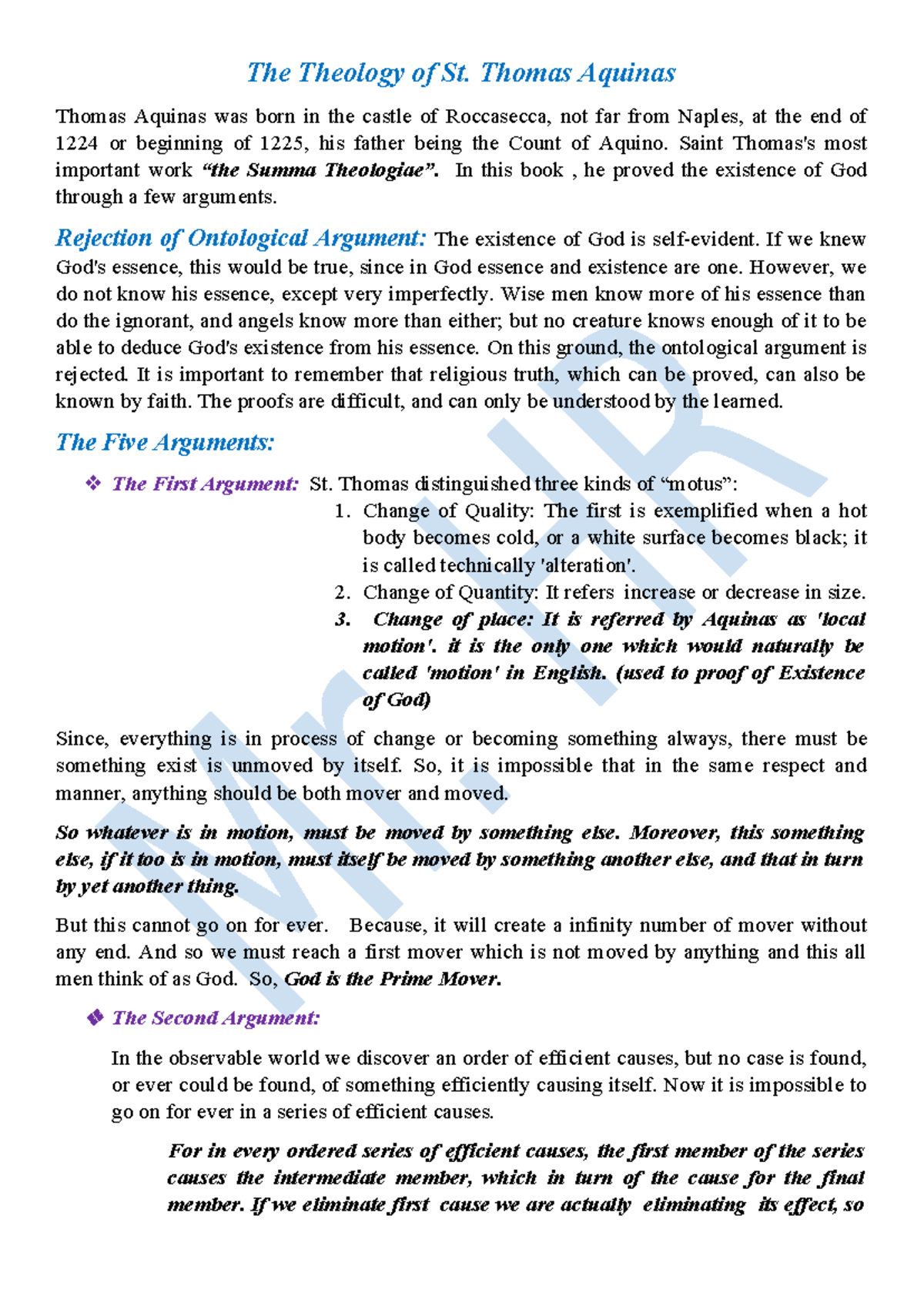 Theology Study: Proofs of God's Existence by St. Thomas Aquinas - Studocu
