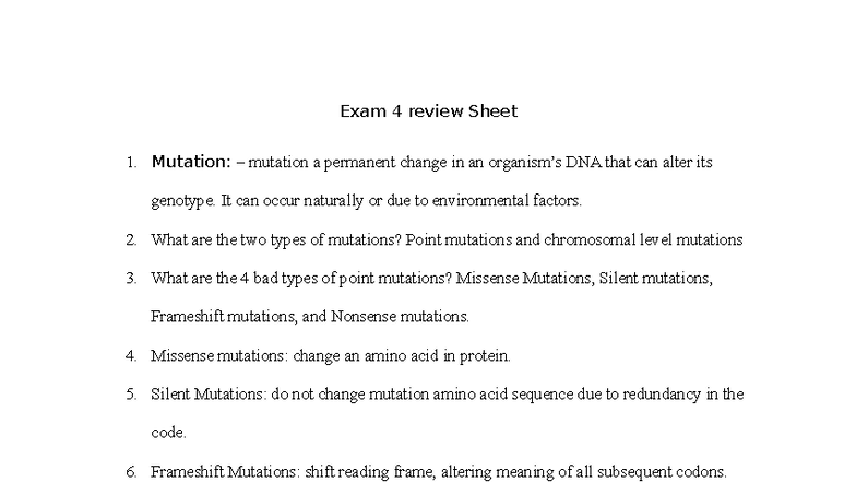 Genetic Code, Mutations, and DNA Processes: Key Concepts Summary - Exam ...
