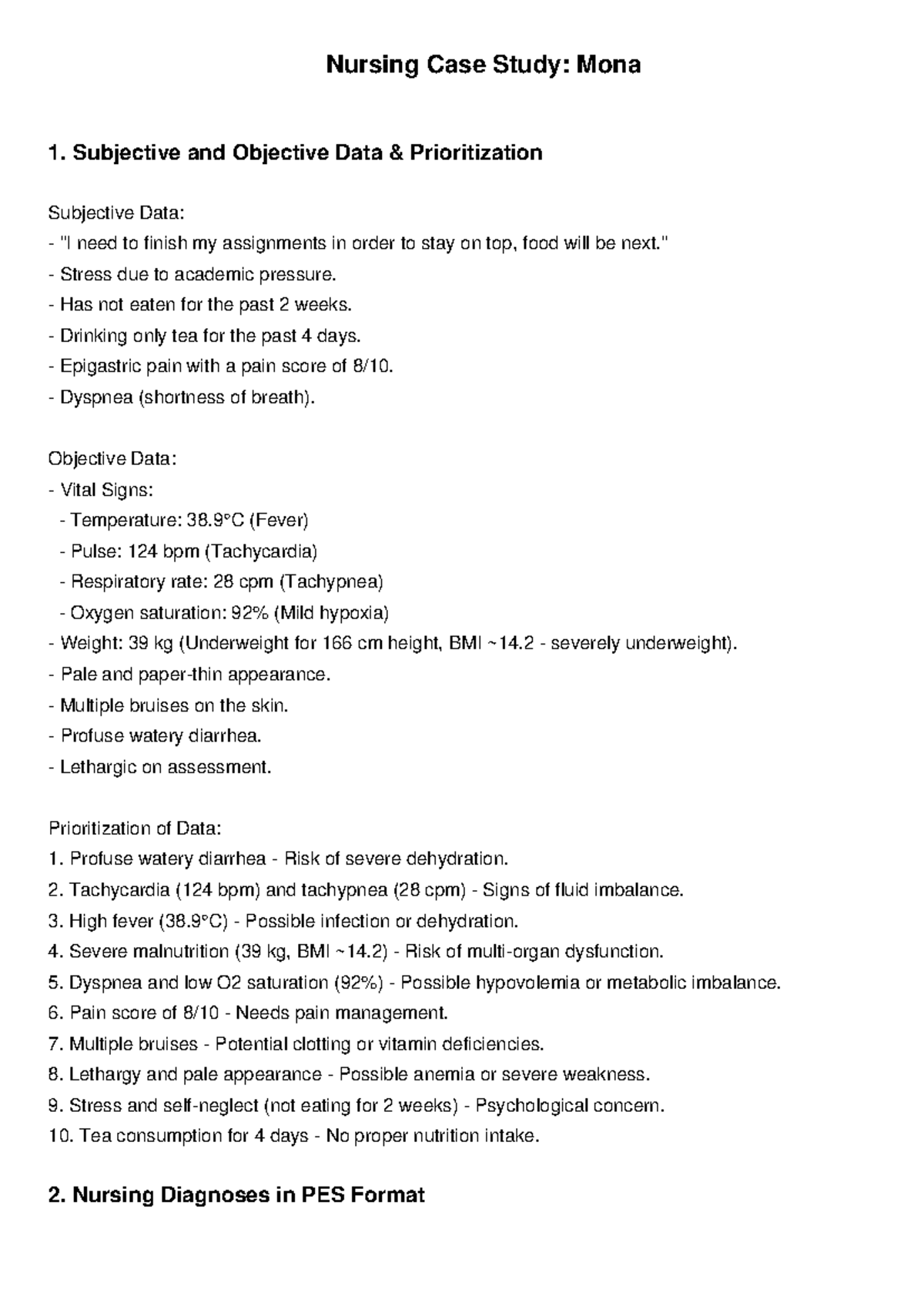 Nursing Case Study: Mona - Prioritization of Subjective & Objective ...