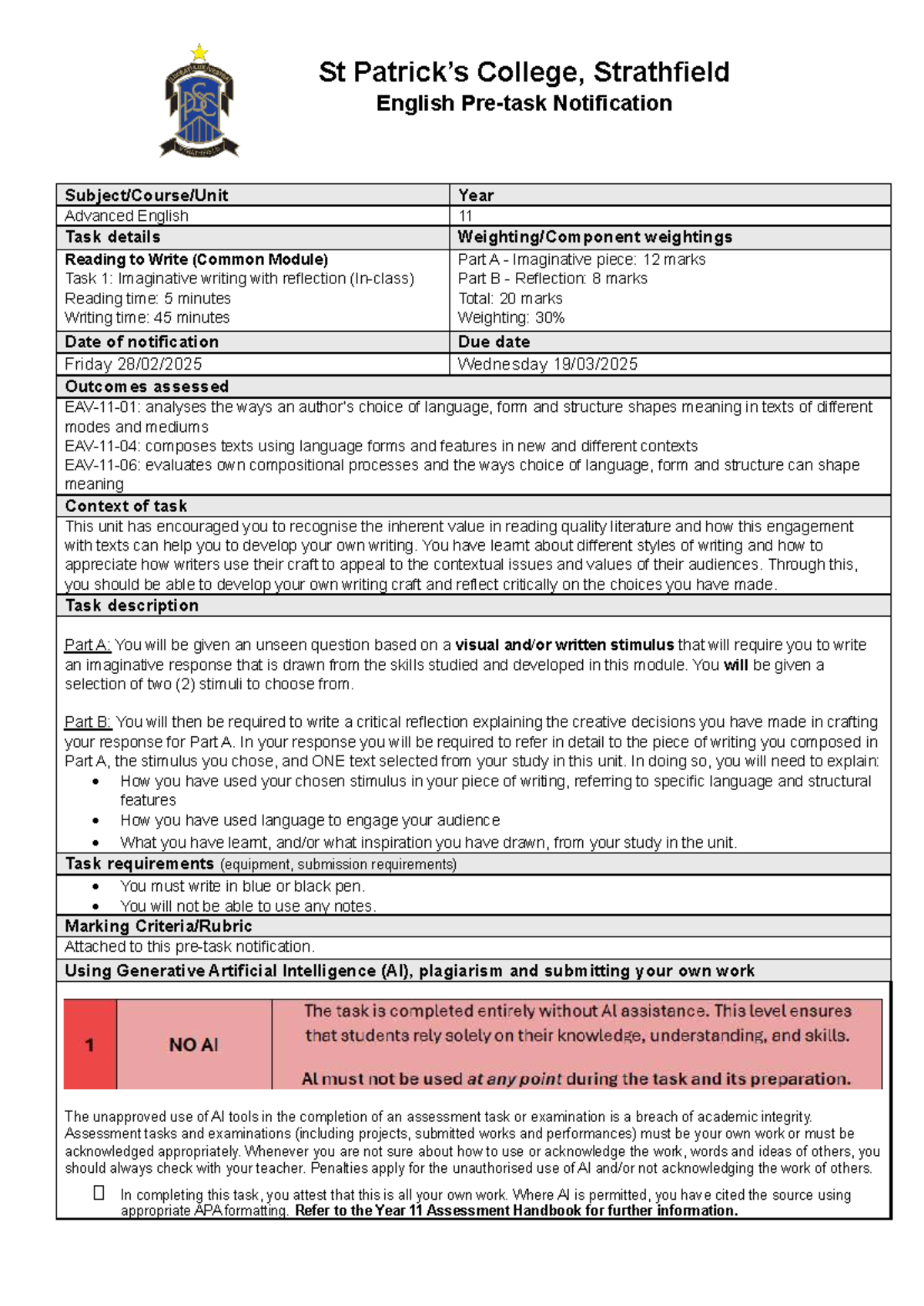 11ENA Task 1: Imaginative Writing & Reflection Guidelines 2025 - Studocu