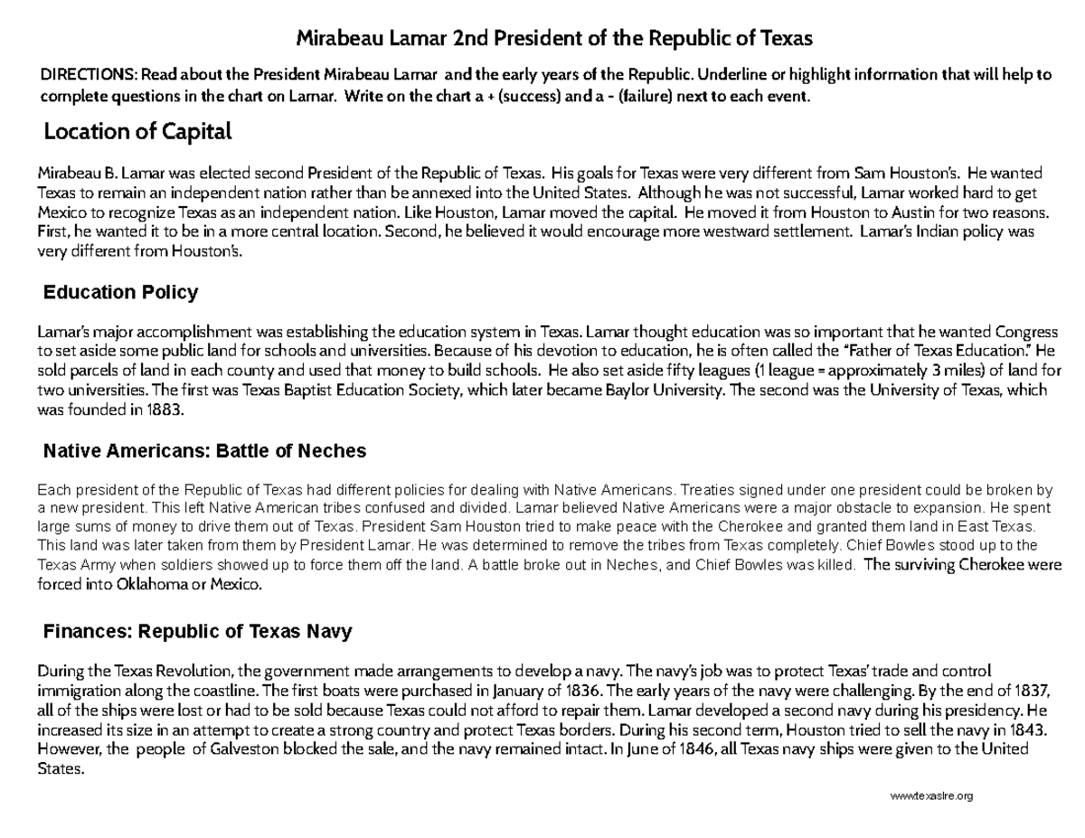 2Mirabeau Lamar 2nd President of the Republic of Texas - Mirabeau Lamar ...