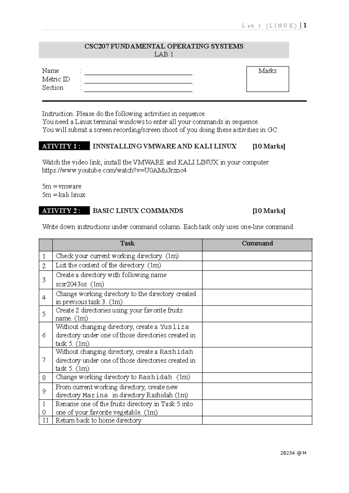 Lab 1 Linux - V2 - L a b 1 ( L I N U X ) | 1 CSC207 FUNDAMENTAL ...