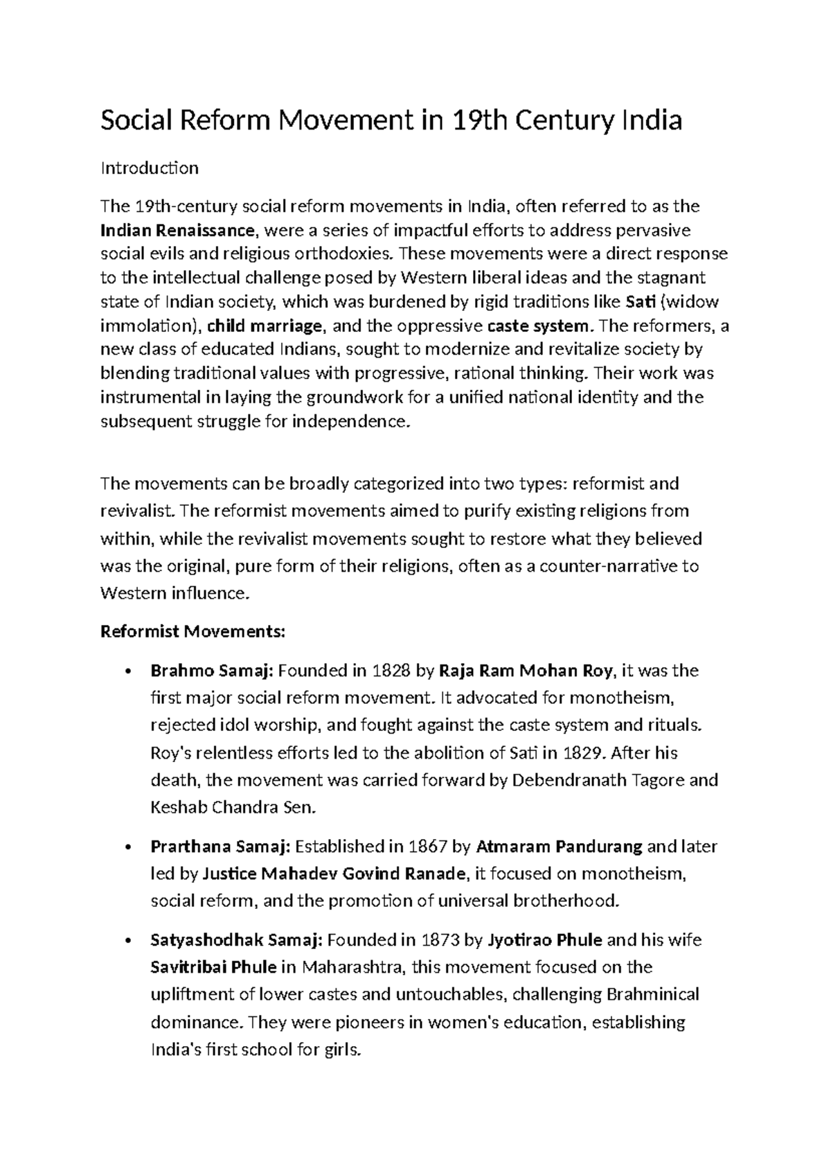 Social Reform Movements in 19th Century India: An Overview - Studocu