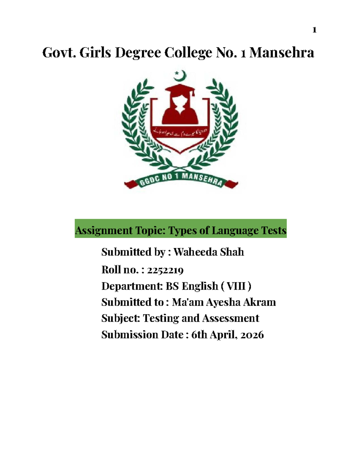 BS English: Types of Language Tests - Assignment by Waheeda Shah - Studocu