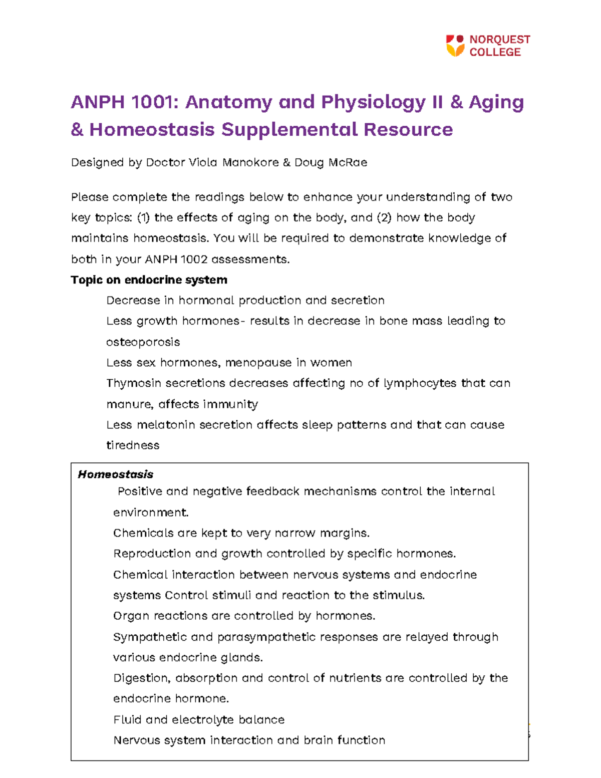 ANPH 1002: Aging and Homeostasis - Key Concepts and Insights - Studocu