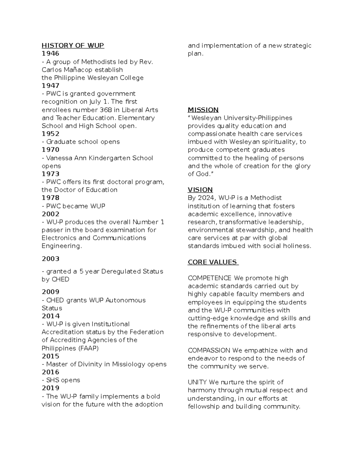 History of WUP: Key Milestones and Core Values Overview - Studocu