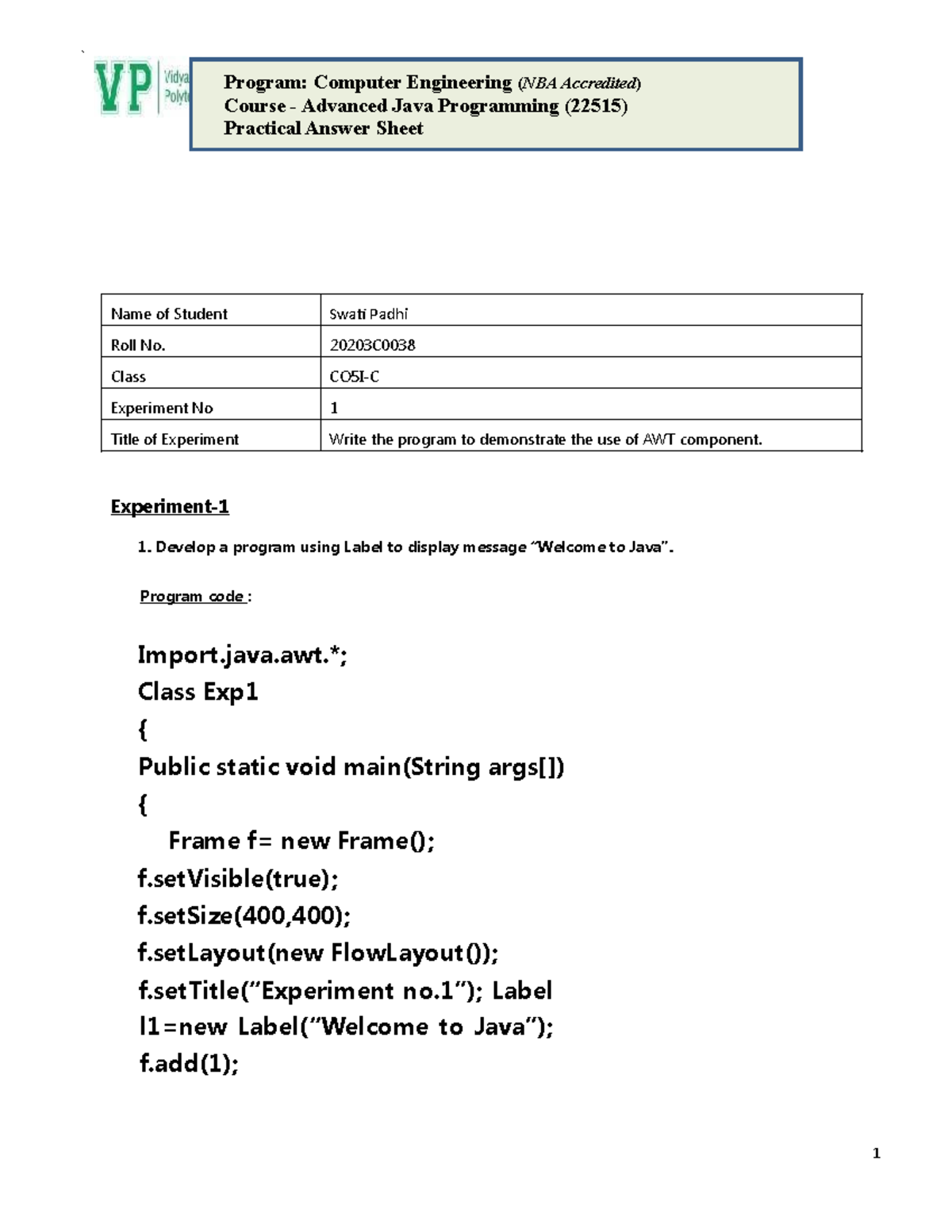 Advanced Java Programming (22515) Practical Answer Sheet by Swati Padhi - Studocu