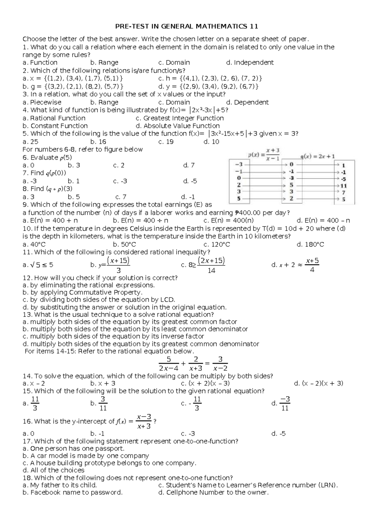 Pre-Test in General Mathematics 11: Diagnostic Questions and Answers ...