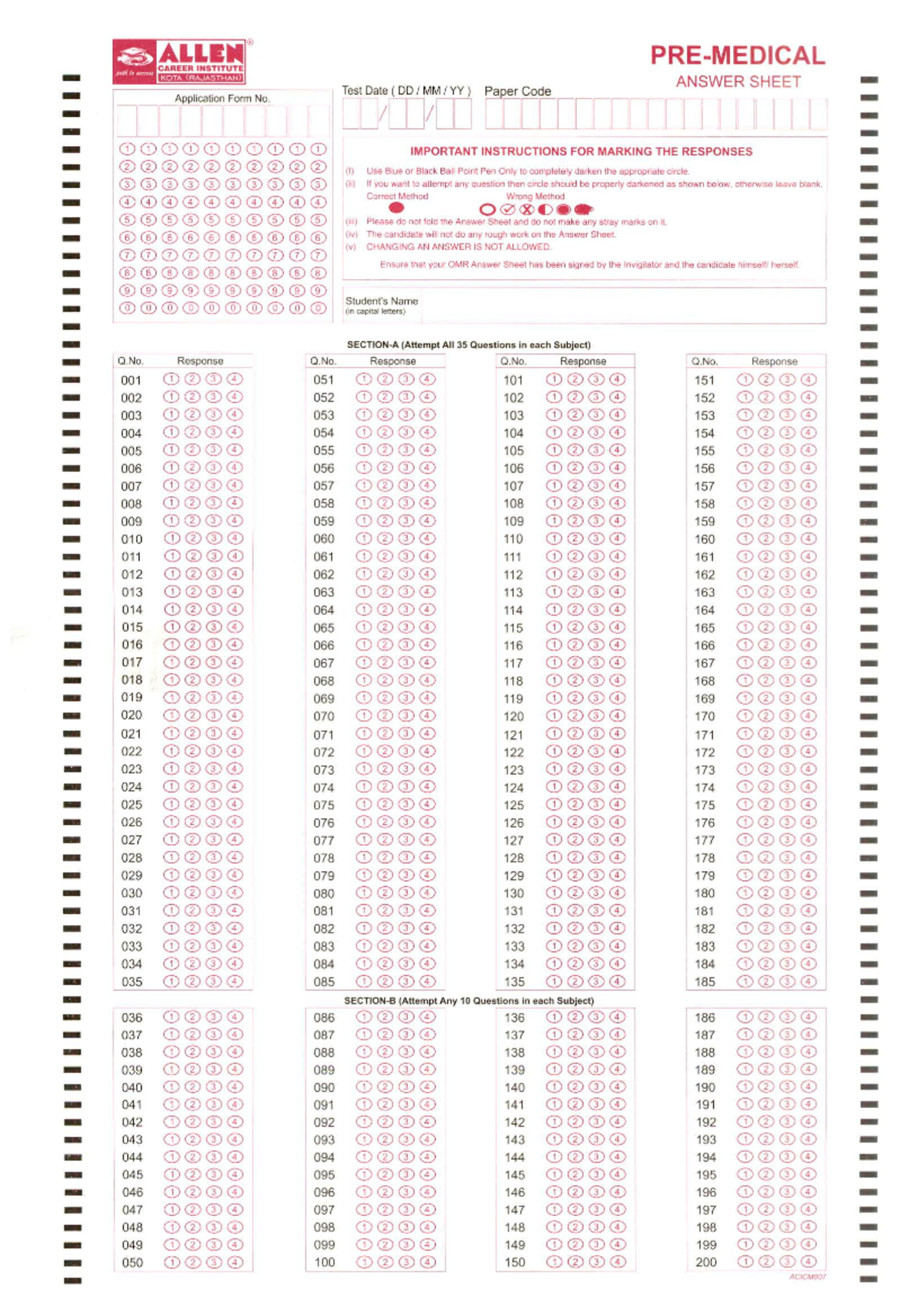 Medical-OMR for practice - ALLEN CAREER INSTITUTE KOTA (RAJASTHAN ...
