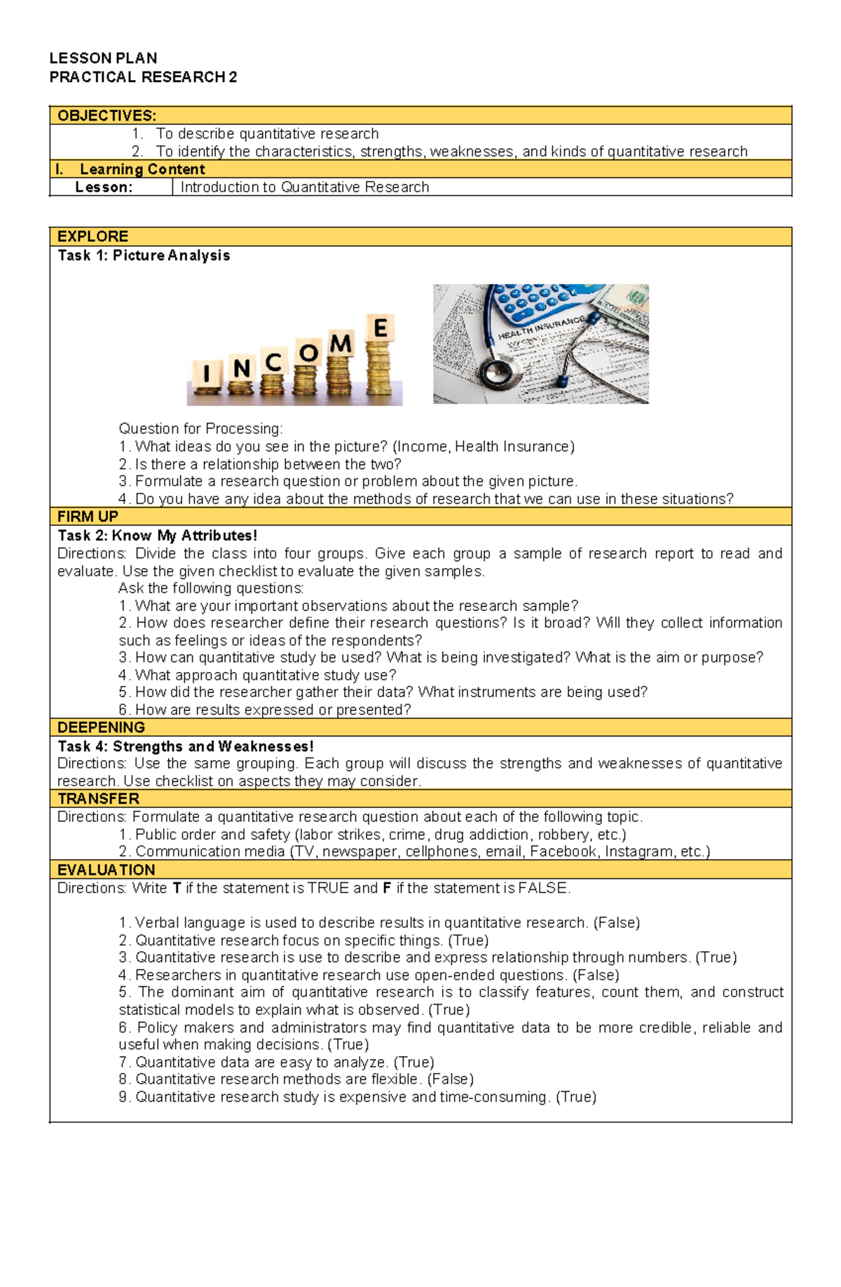 PR2-Quantitative Research Lesson Plan: Objectives & Activities - Studocu