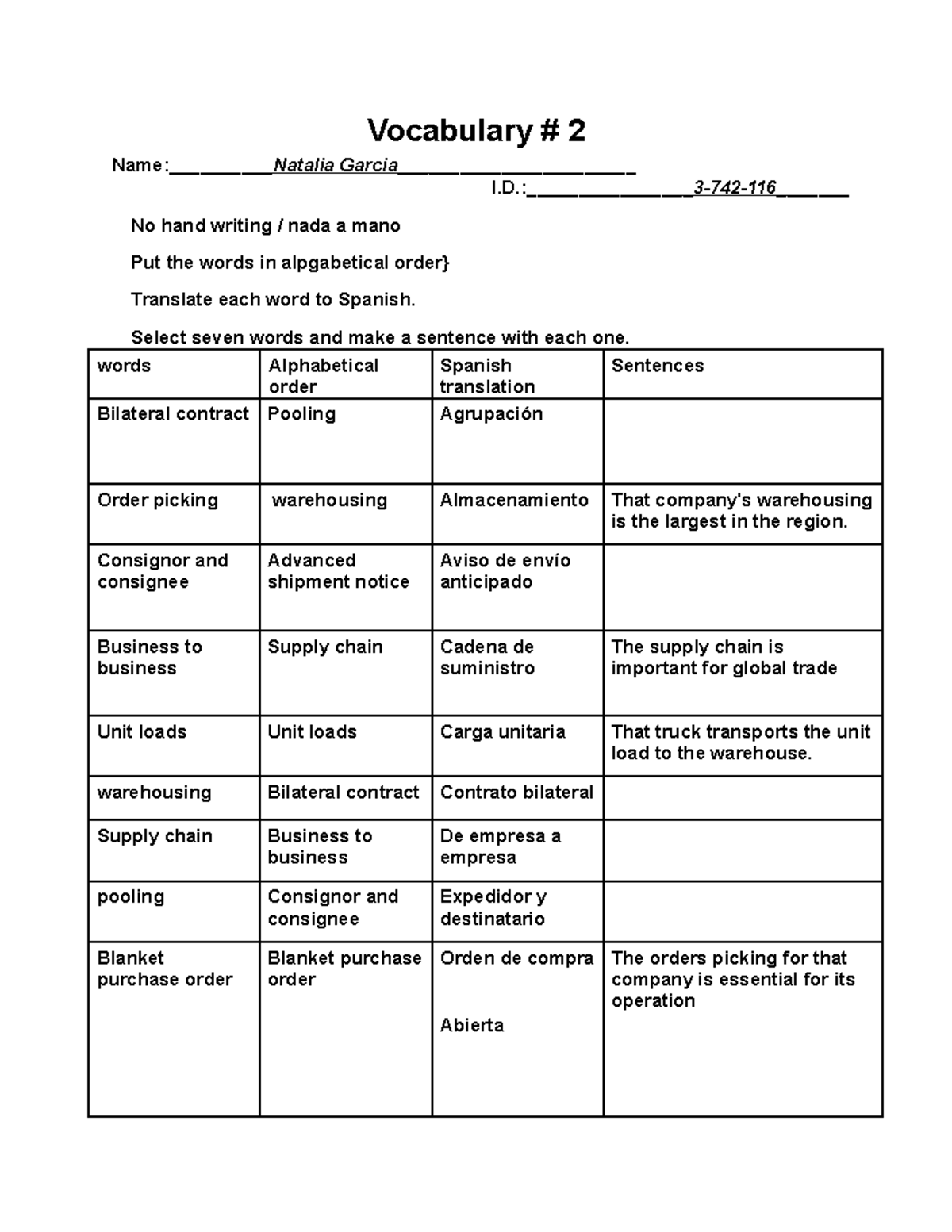 Vocabulary Log 2 - Taller de Inglés 2024: Spanish Translations ...