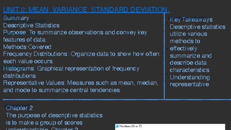 Unit 2: Summary of Mean, Variance, and Standard Deviation in Statistics ...