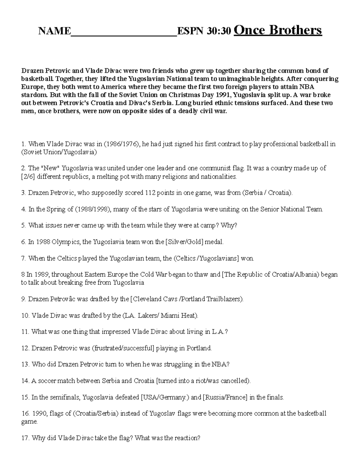 ESPN 30 for 30 Once Brothers Worksheet: Friendship and Conflict - Studocu